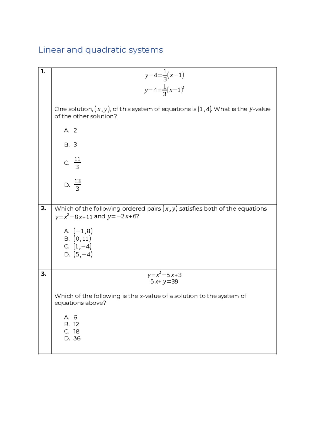 Linear and quadratic systems - What is the y-value of the other solution? A. 2 B. 3 C. 11 3 D ...
