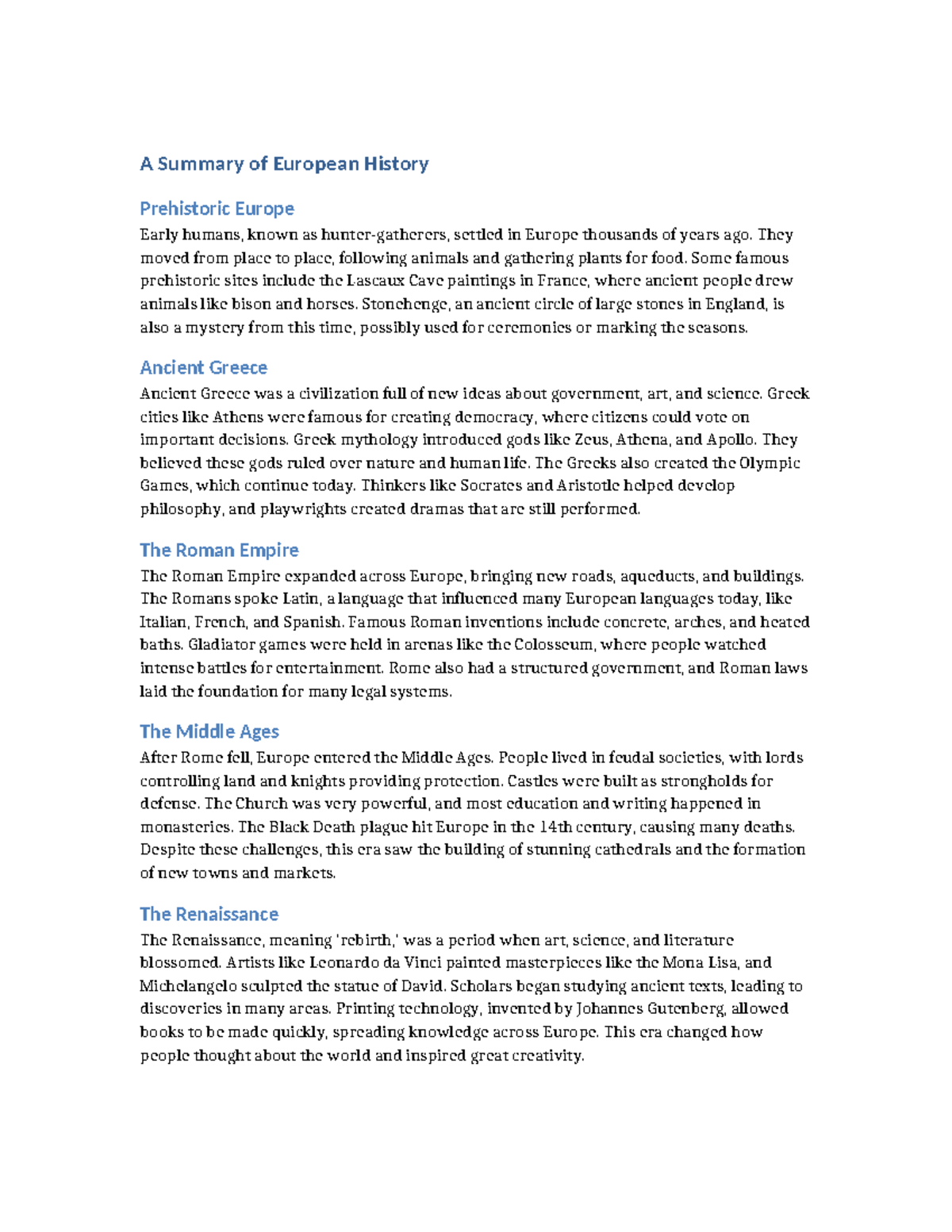 European History Curriculum Summary Expanded - A Summary of European ...