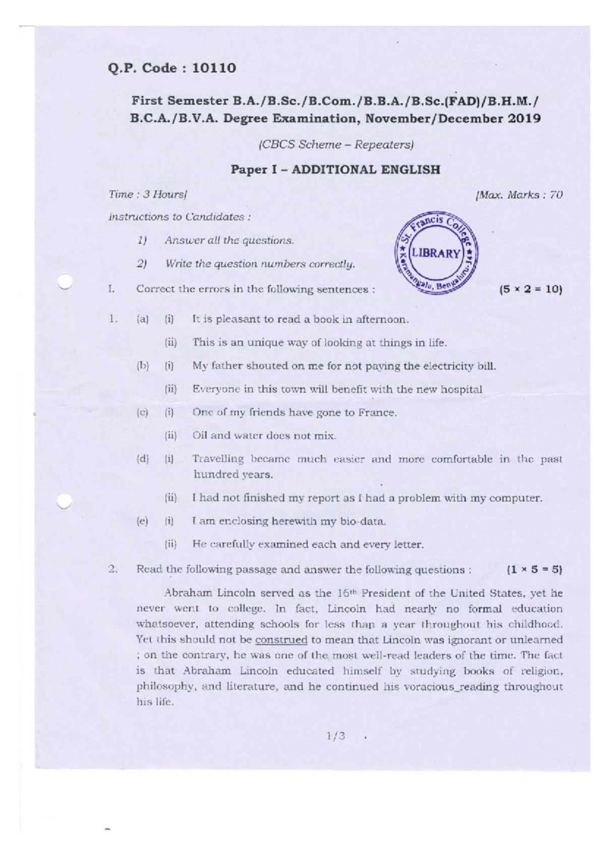 Additional English I BBA QP Sample - Bcom/BBA ADE - Studocu