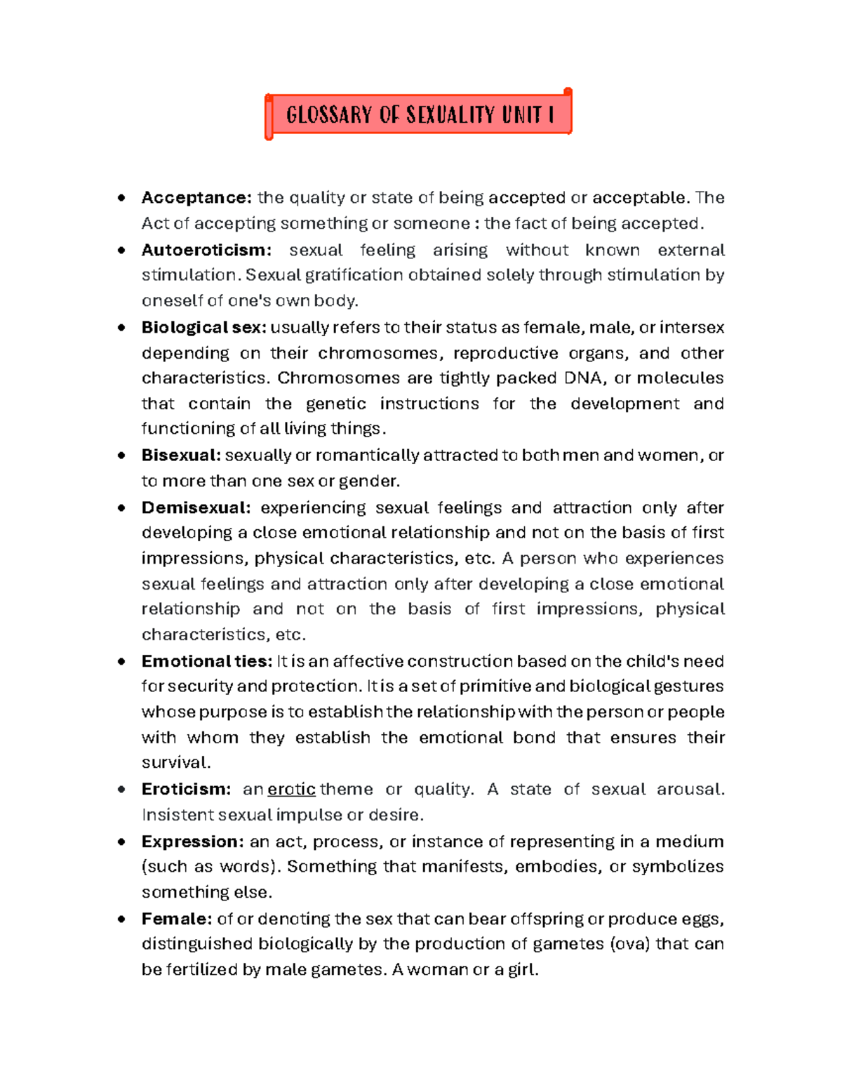 Glossary OF Sexuality UNIT I - GLOSSARY OF SEXUALITY UNIT I ...