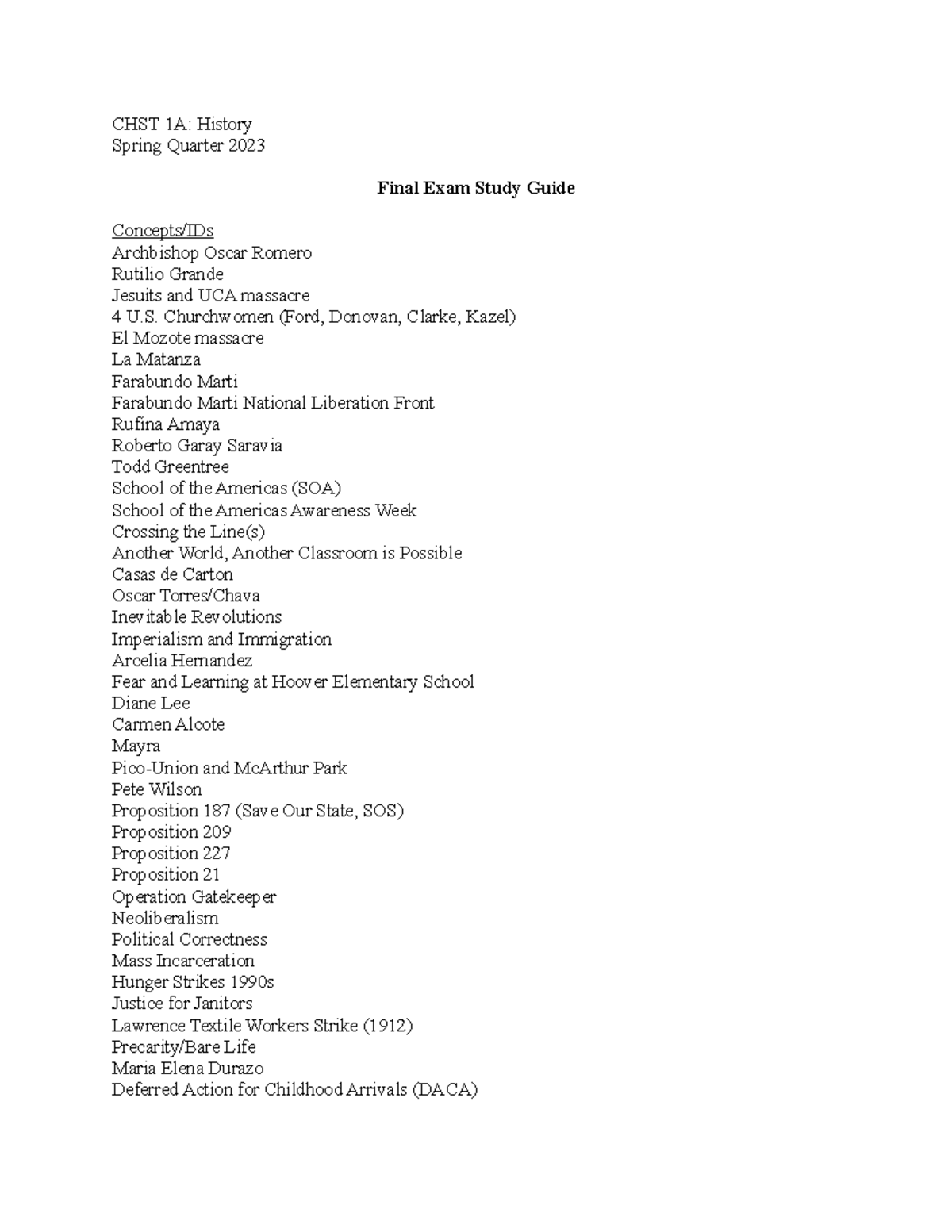 Final study guide - CHST 1A: History Spring Quarter 2023 Final Exam ...