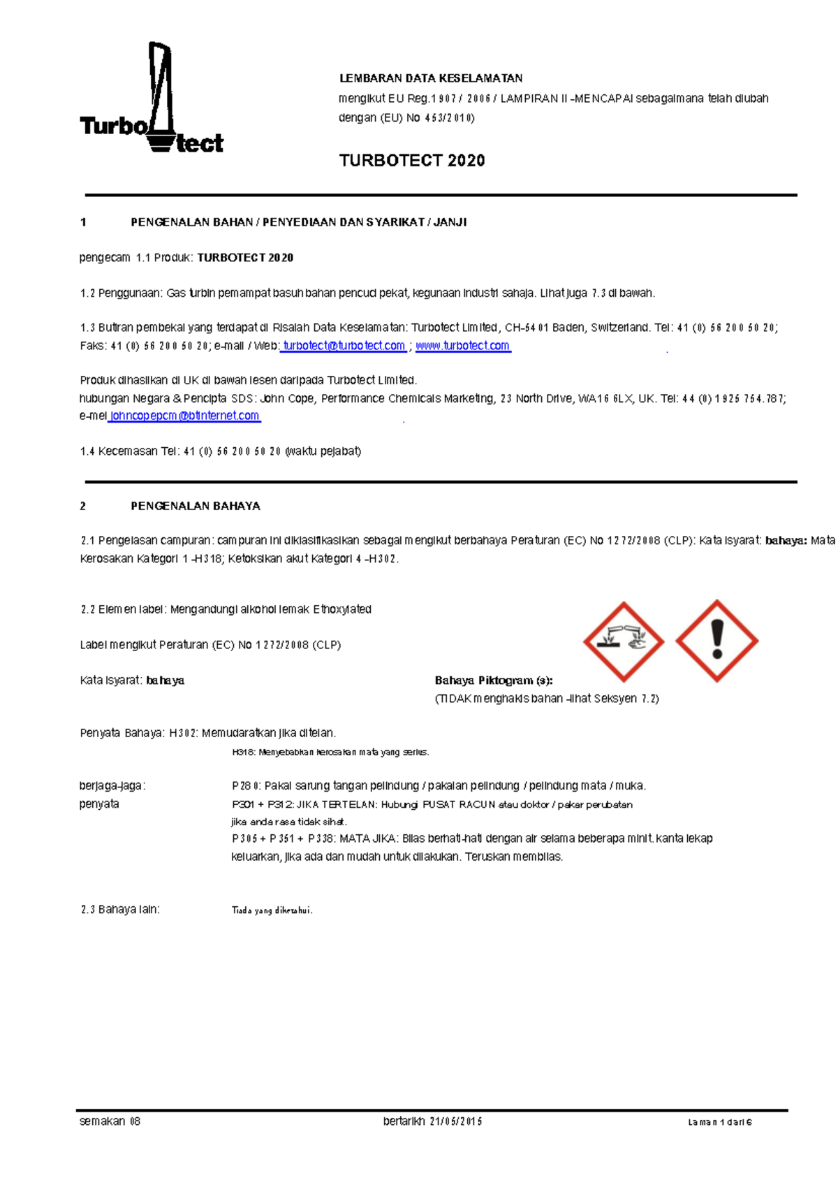 MSDS T-2020e Rev 08 21-05-2015 - LEMBARAN DATA KESELAMATAN mengikut EU ...