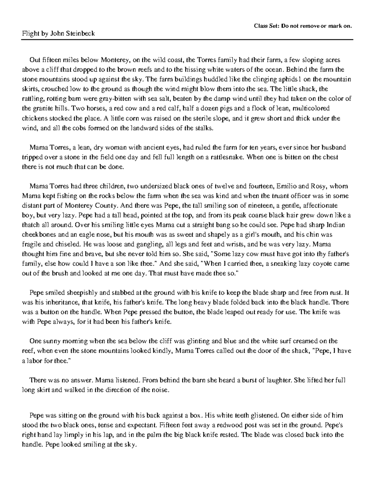 Flight by John Steinbeck - Class Set: Do not remove or mark on. Flight ...