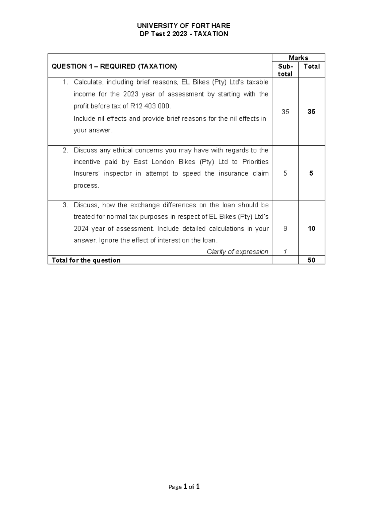 TAX DP Test 2 Required 2023 Final - UNIVERSITY OF FORT HARE DP Test 2 ...