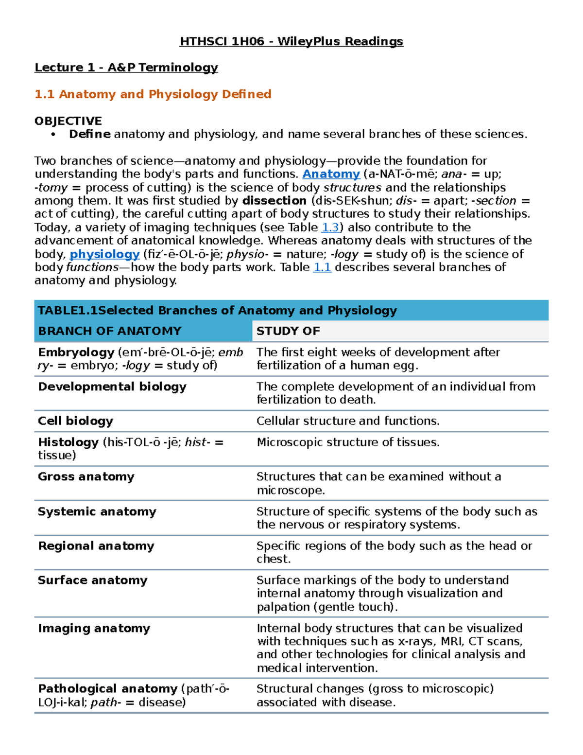 Readings 1 - A&P Terminology - HTHSCI 1H06 - WileyPlus Readings Lecture ...