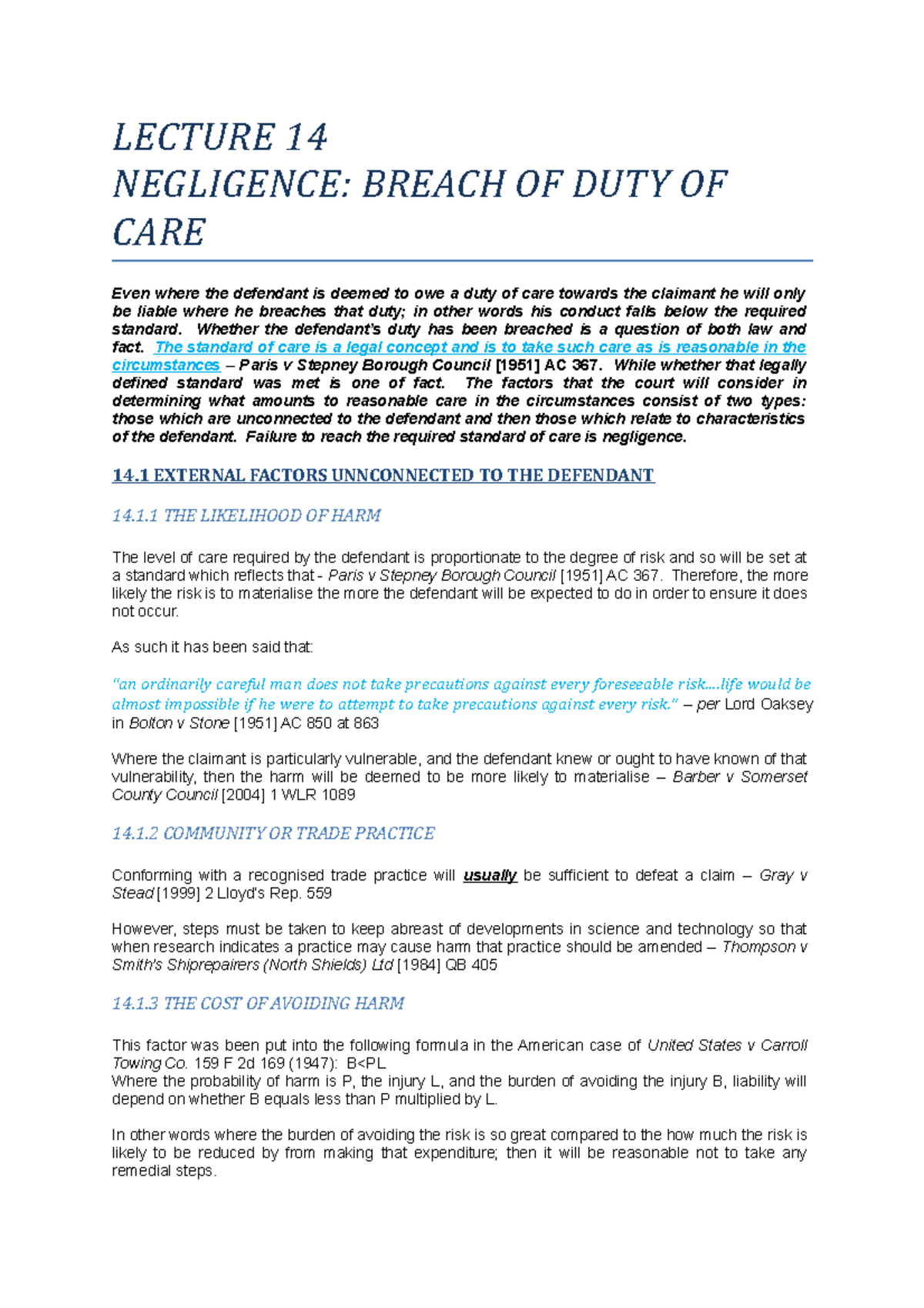 Lecture Notes - Breach OF DUTY - LECTURE 14 NEGLIGENCE: BREACH OF DUTY ...