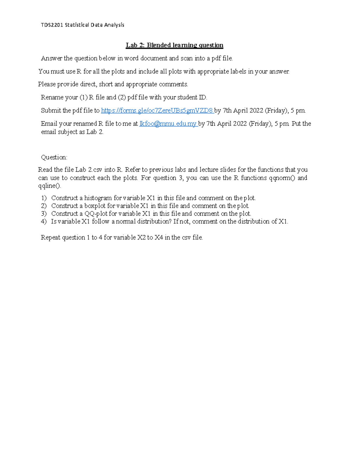 Lab 2 - Blended learning question - TDS2201 Statistical Data Analysis Lab 2: Blended learning ...