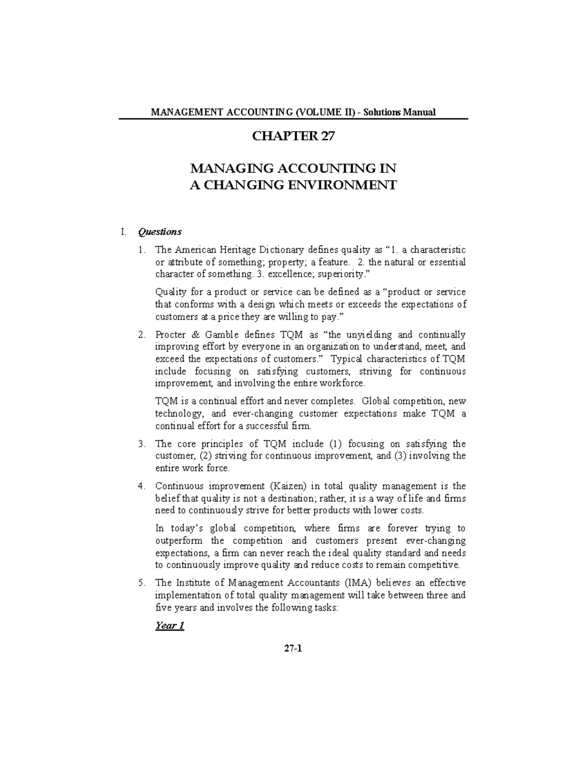 Chapter 27 Kairus Manual - MANAGEMENT ACCOUNTING (VOLUME II) - Solutions Manual CHAPTER 27 ...