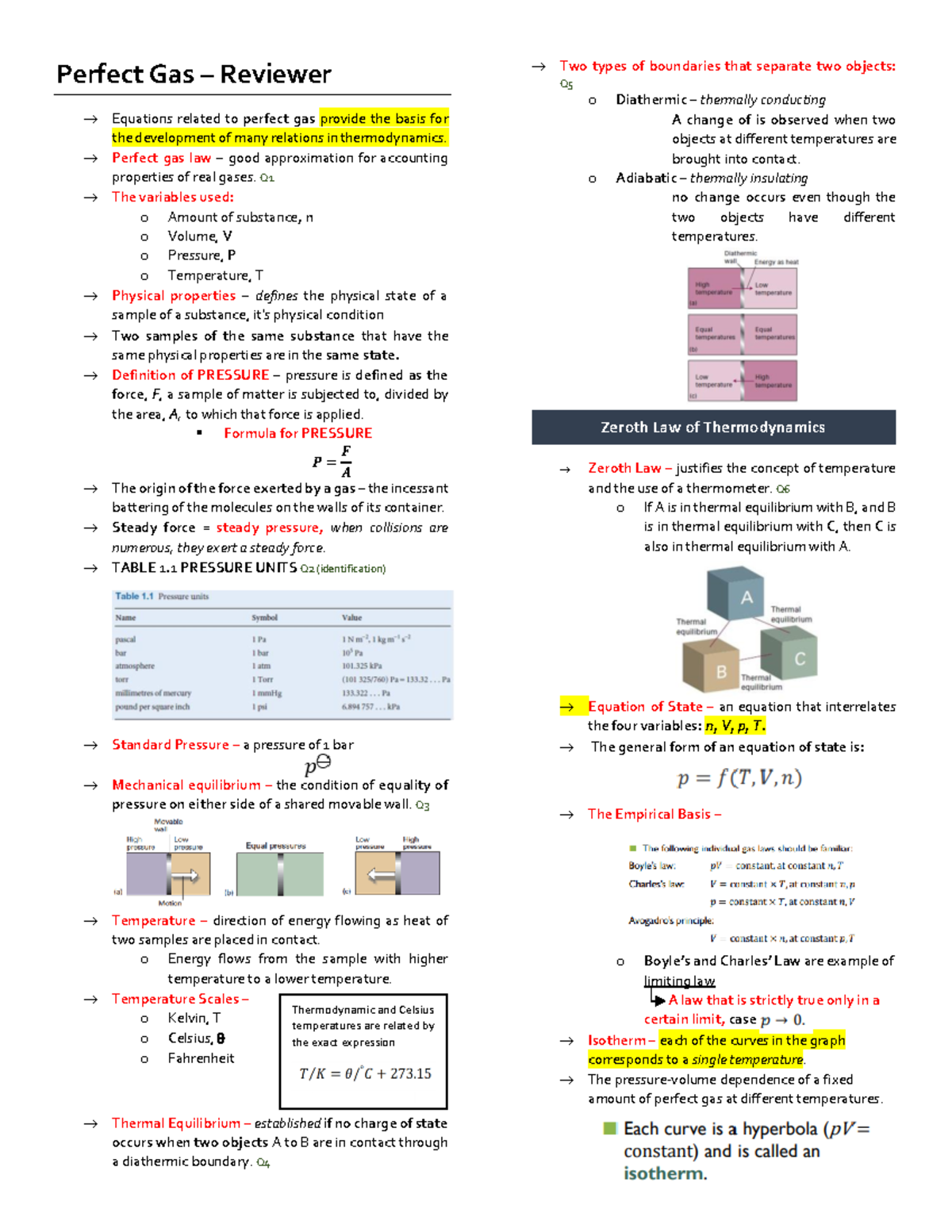 Phychem Perfect Gas Notes - Perfect Gas – Reviewer → Equations related ...