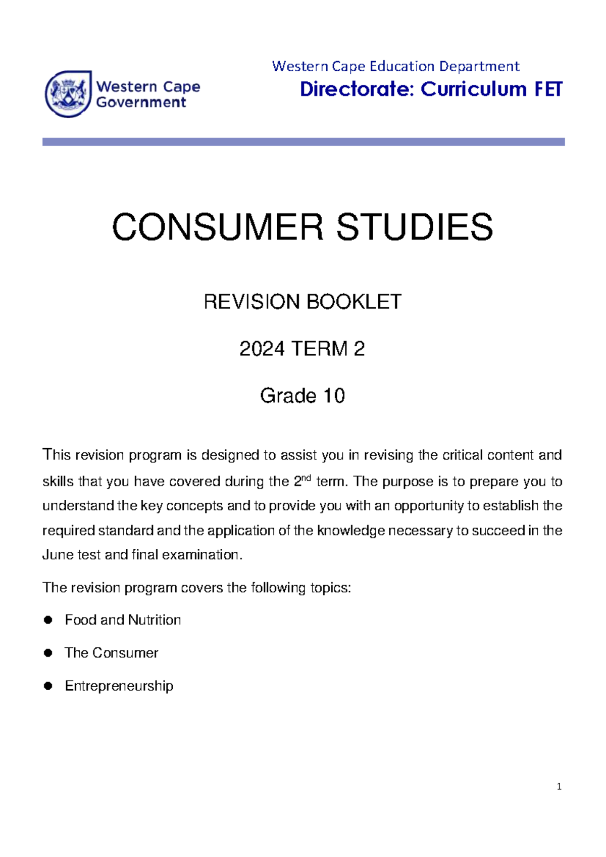 Consumer Studies Grade 10 Revision Material TERM 2 2024 - Western Cape ...