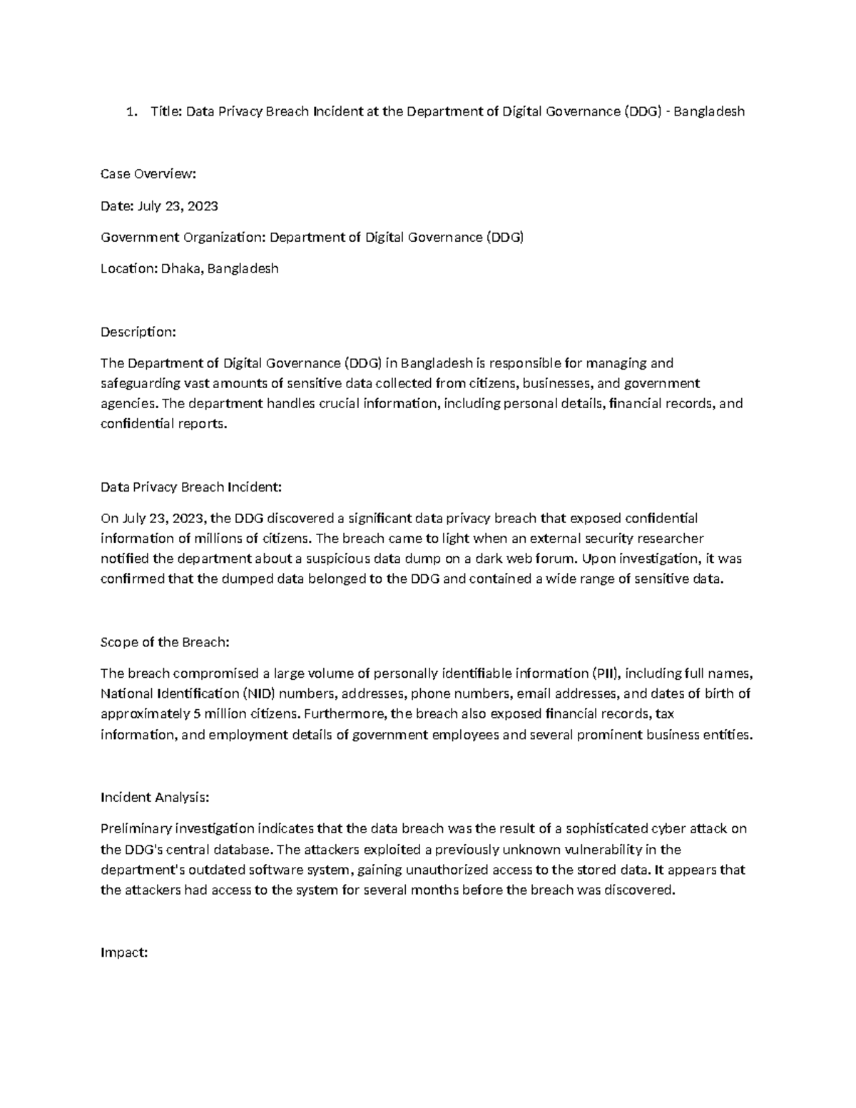 Data Privacy case - Title: Data Privacy Breach Incident at the ...