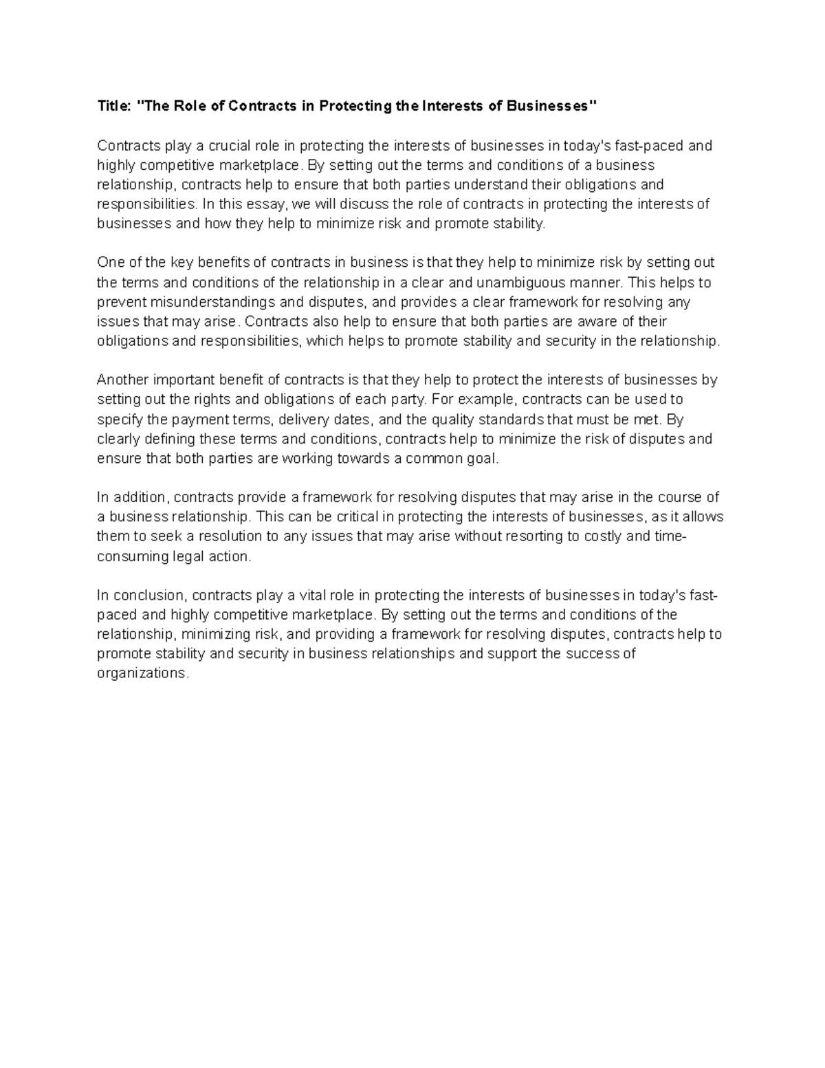 The Role of Contracts in Protecting the Interests of Businesses - Title ...