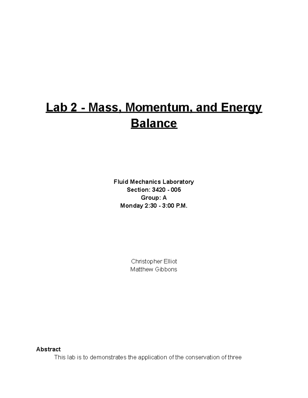 Lab 2 Mass, Momentum, and Energy Balance - Lab 2 - Mass, Momentum, and ...