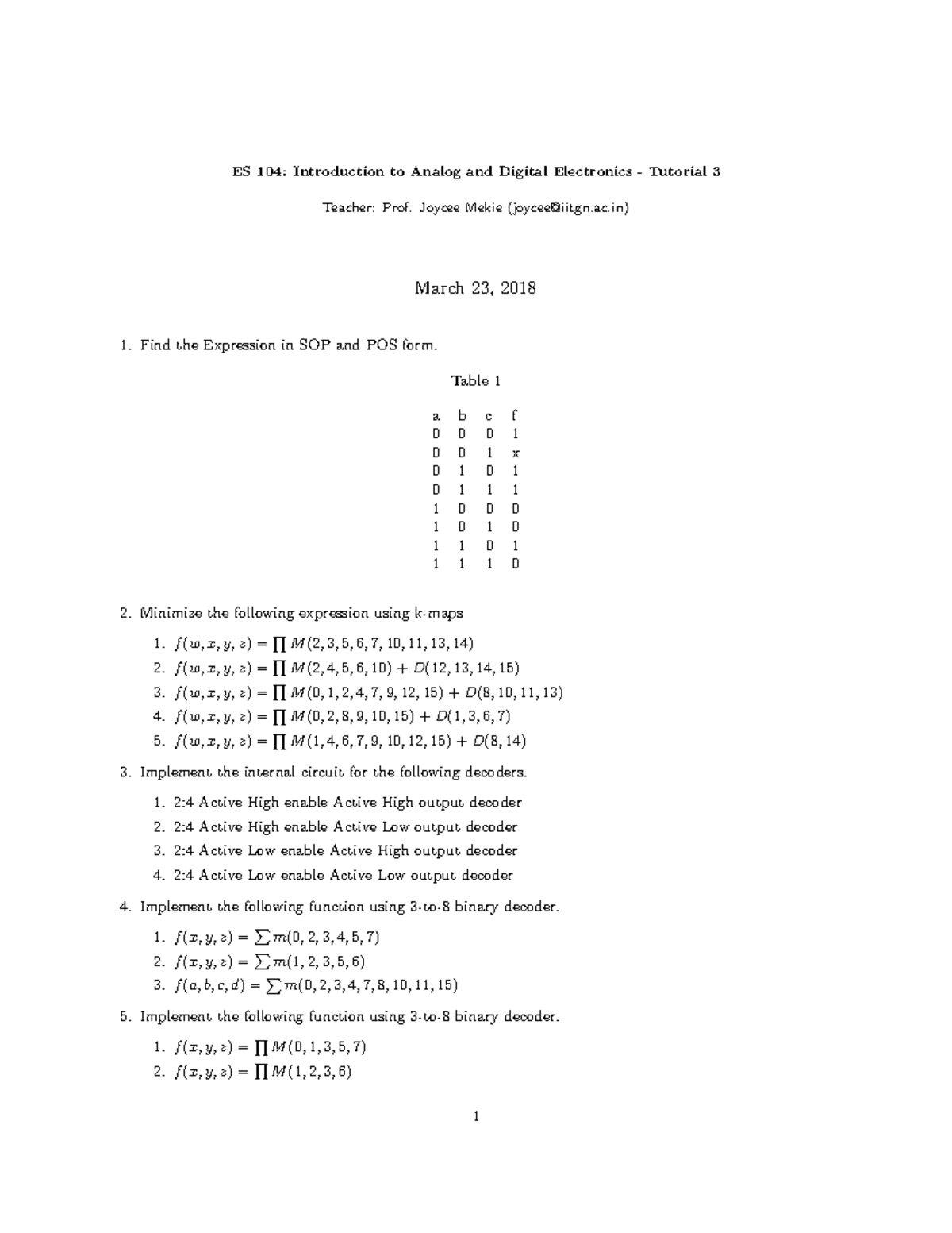 Tutorial 3 - ES 104: Introduction to Analog and Digital Electronics - Tutorial 3 Teacher: Prof ...