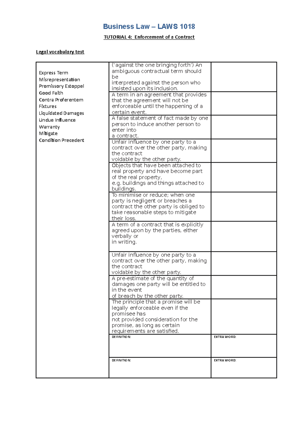 LAWS 1018 - Tutorial 4 - Enforcement OF A Contract - Worksheet - NO ...