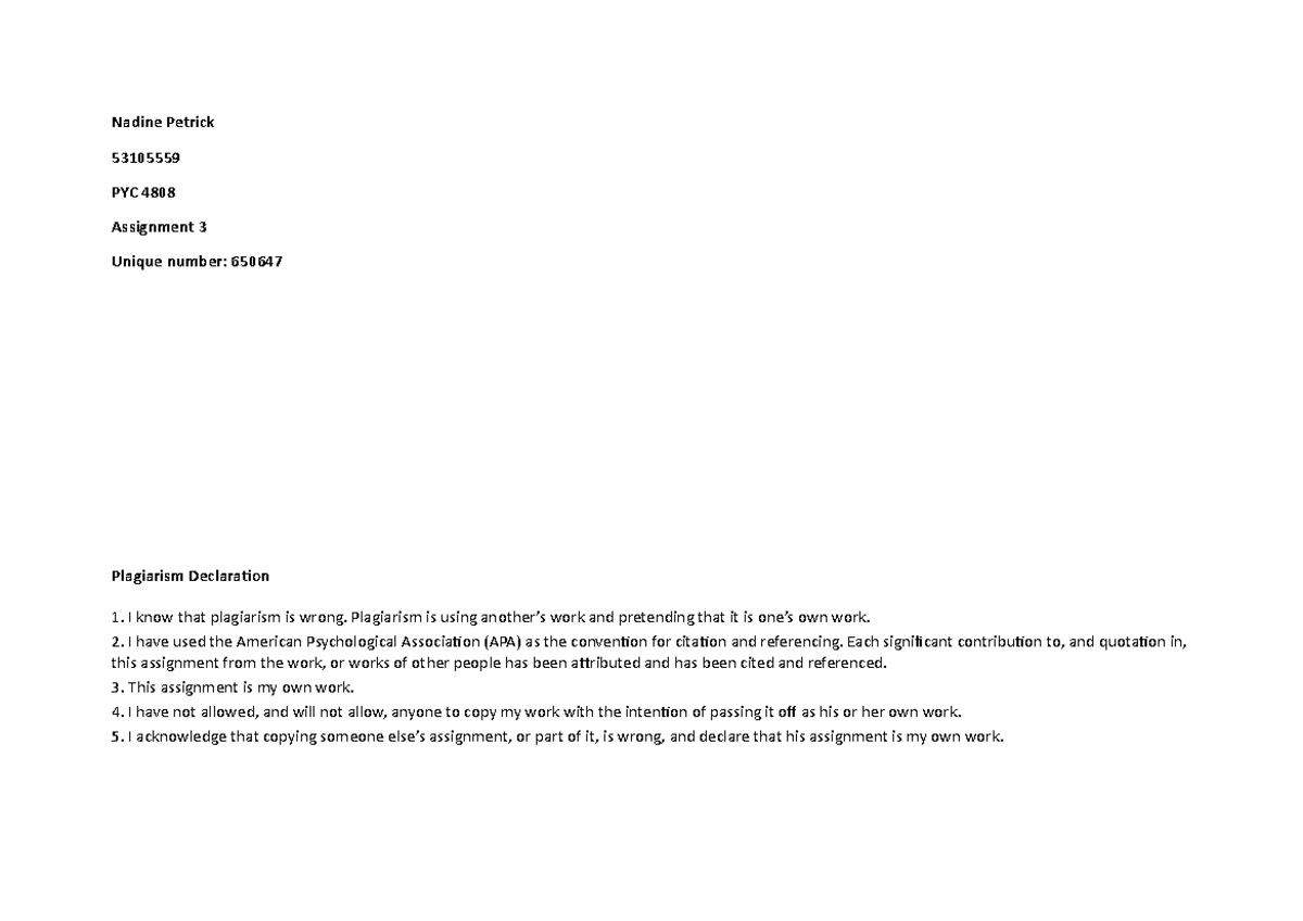 Assignment 3 pyc4808 - Nadine Petrick 53105559 PYC 4808 Assignment 3 Unique number: 650647 - Studocu