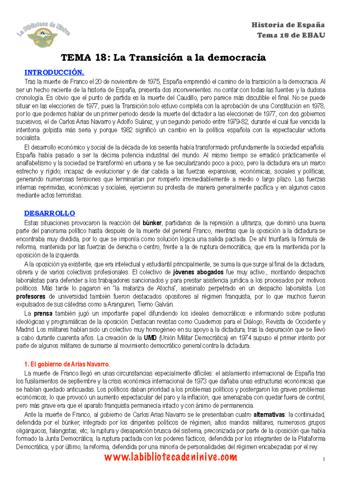 18.Transición a la democracia - Tema 18 de EBAU TEMA 18: La Transición ...