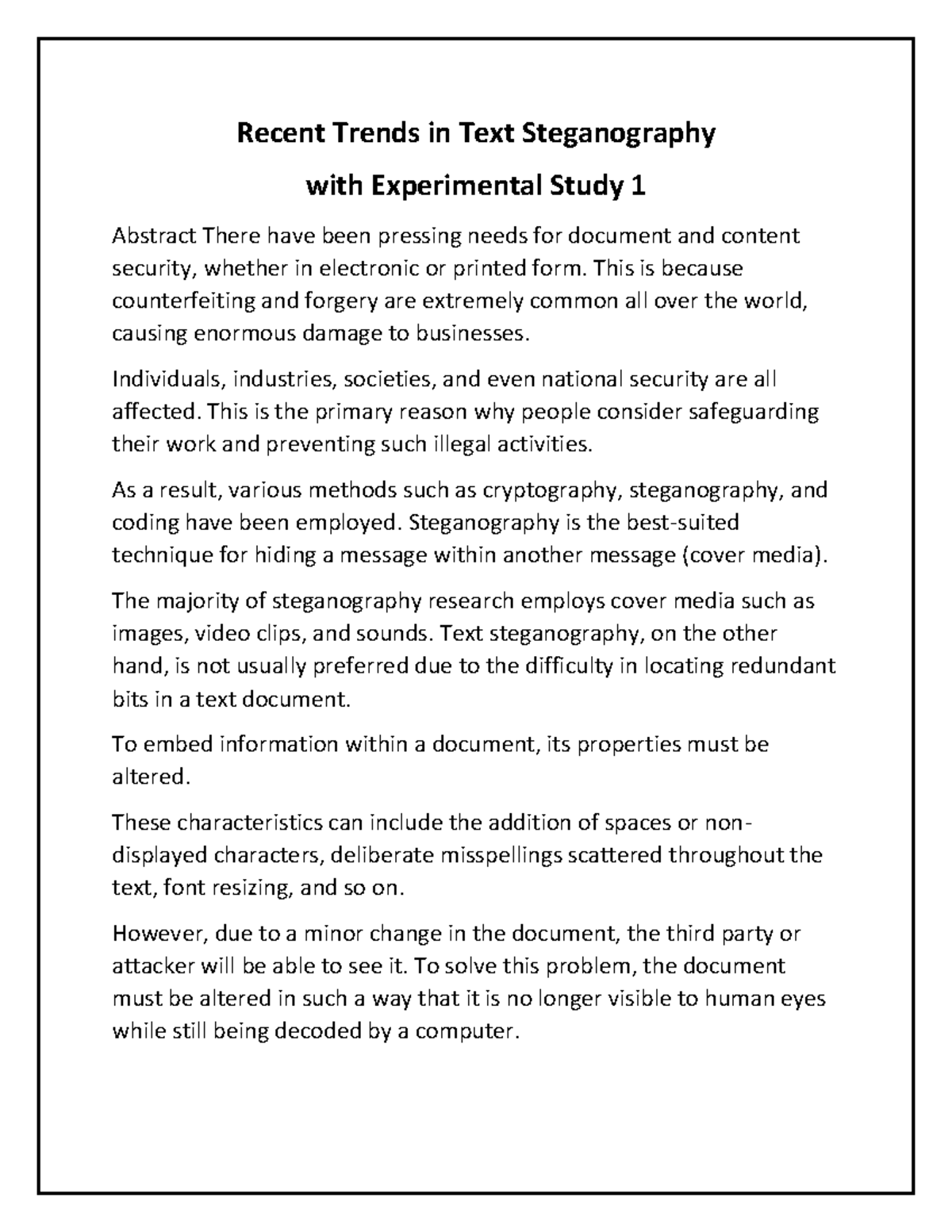 Recent Trends In Text Steganography 1 This Is Because Counterfeiting And Forgery Are Extremely