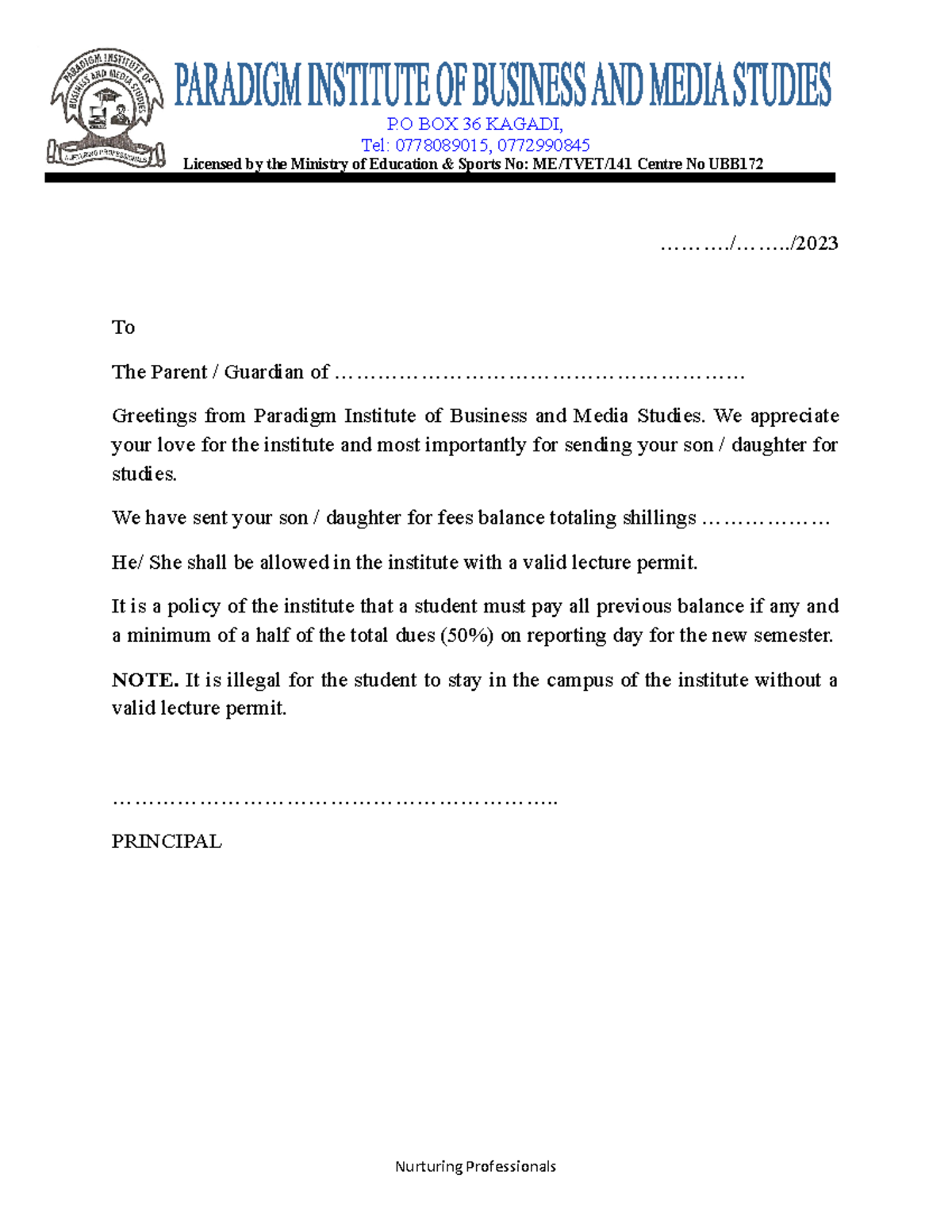 Demand note - revised - P BOX 36 KAGADI, Licensed by the Ministry of ...