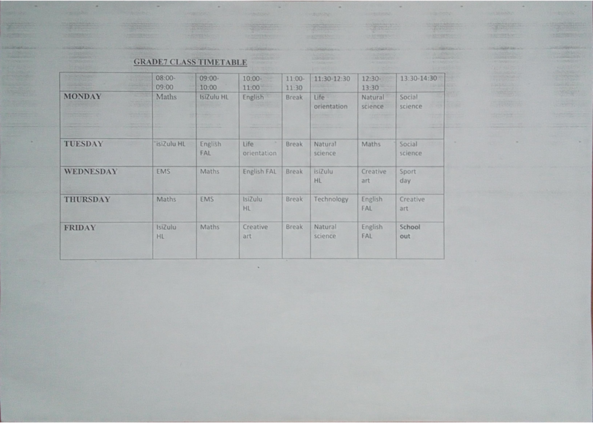 Class timetables - MONDAY GRADE7 CLASS TIMETABLE 08:00 09:00 10: 09:00 ...