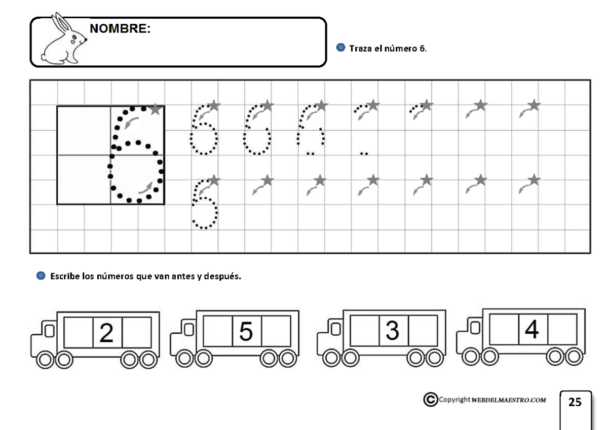 Fichas Infantil 5 años Serie 6 - Traza el número 6. Escribe los números ...