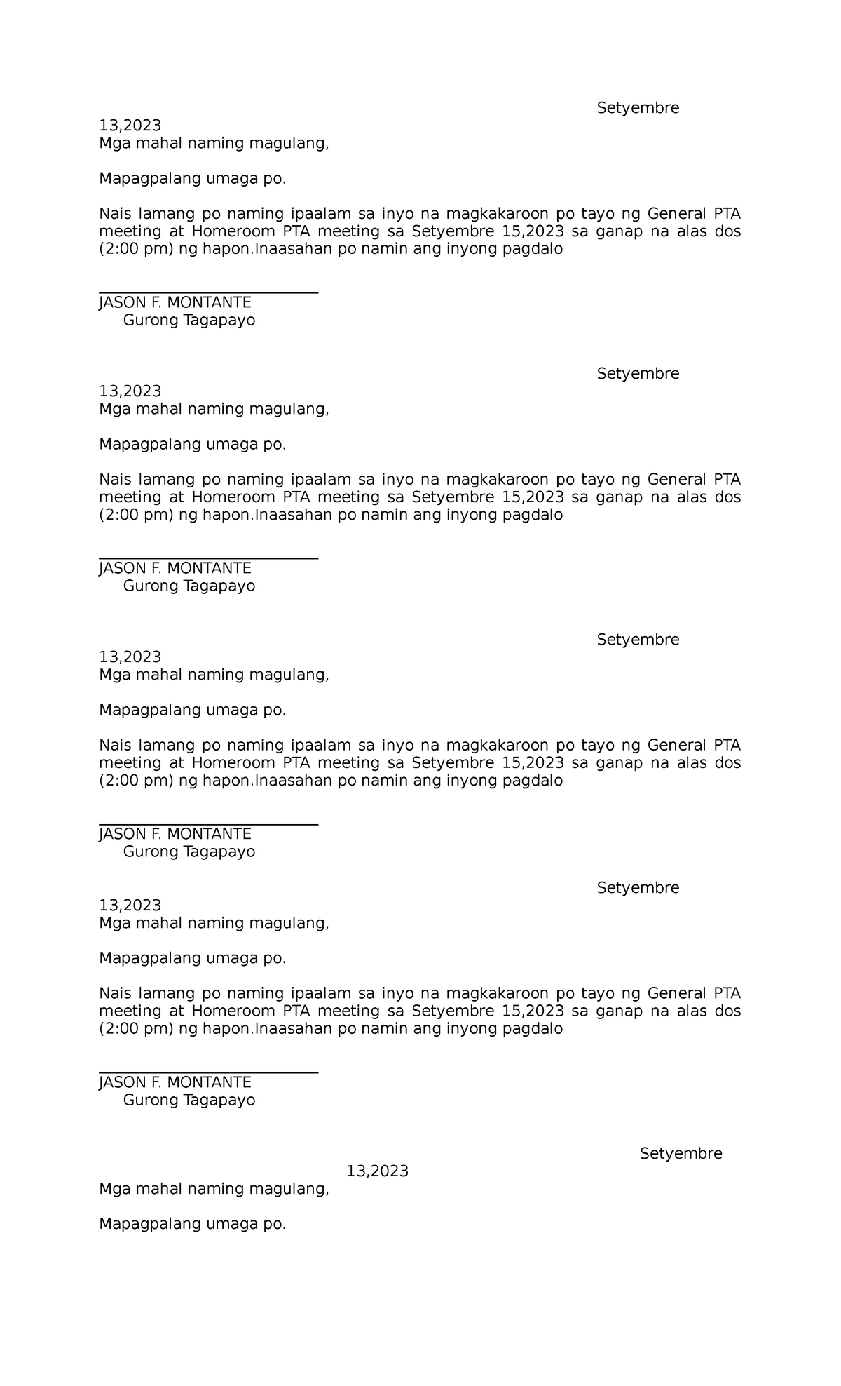 Letter - these are sample materials - Setyembre 13, Mga mahal naming ...