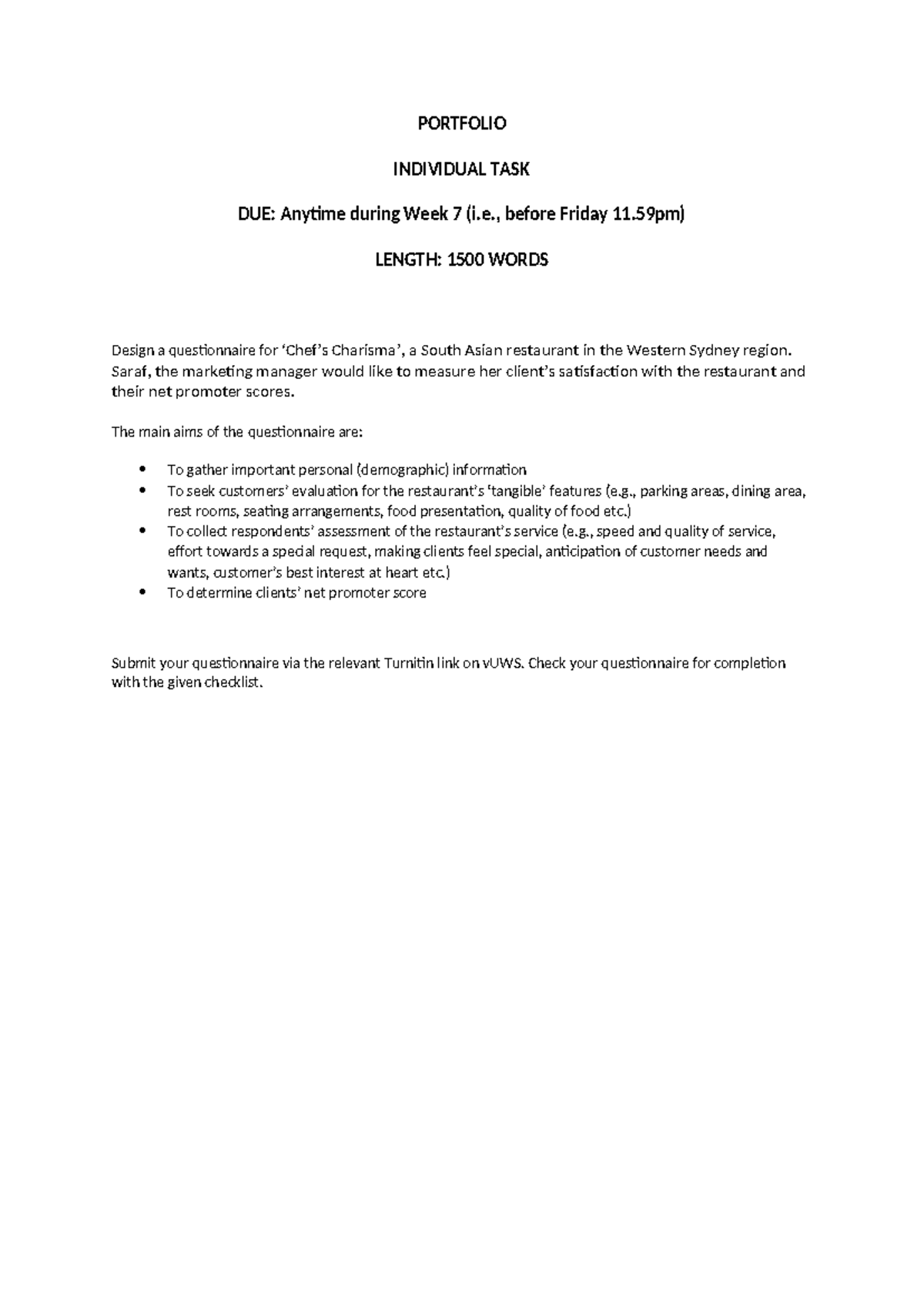 Questionnaire Instruction - PORTFOLIO INDIVIDUAL TASK DUE: Anytime ...