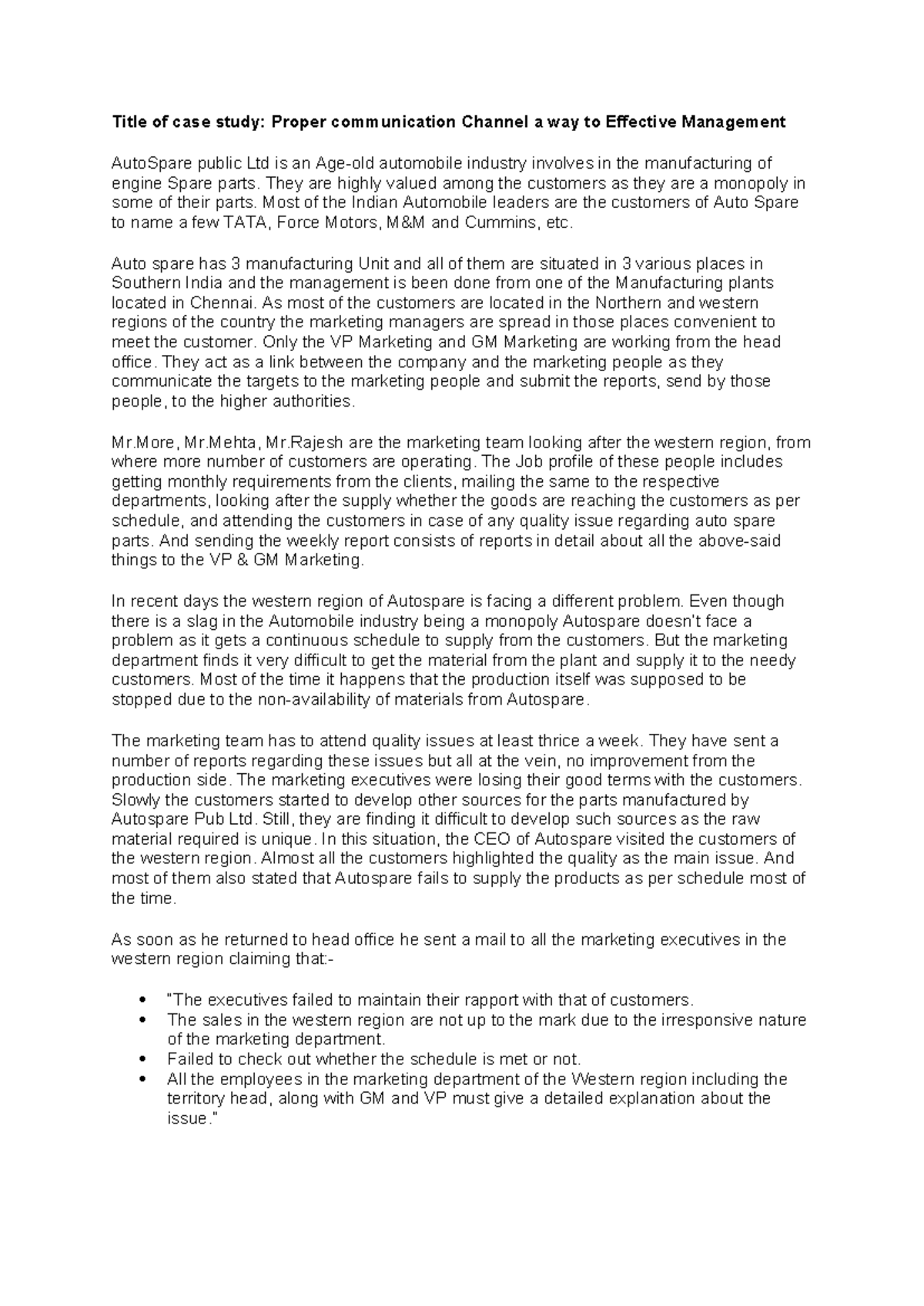 Unit 2 Case STudy for Mid Term Exam - Title of case study: Proper communication Channel a way to ...