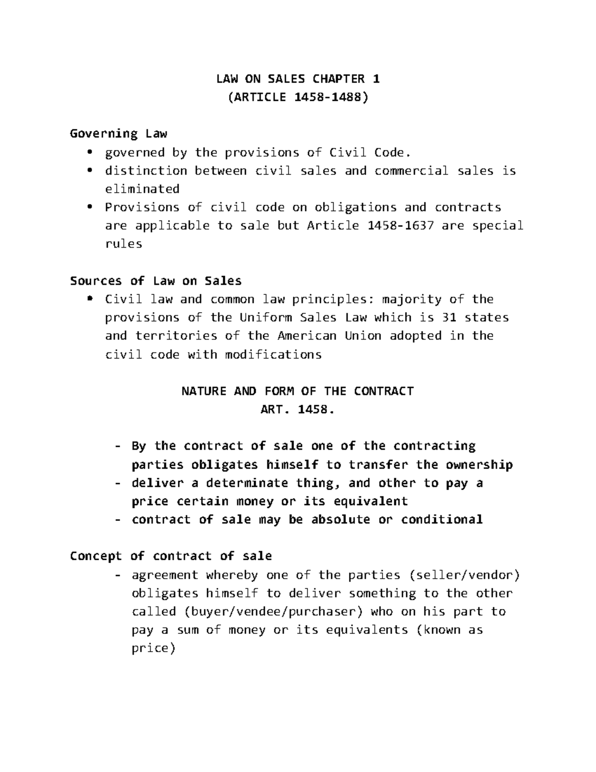 Notes IN LAW ON Sales - LAW ON SALES CHAPTER 1 (ARTICLE 1458-1488 ...