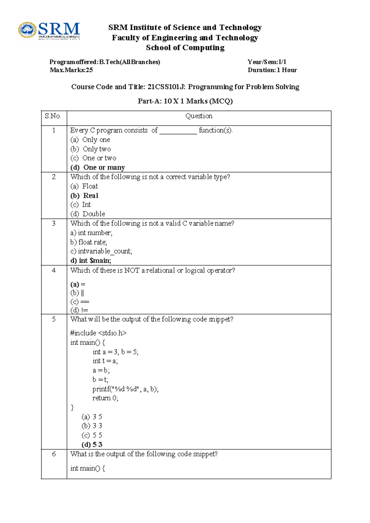 Pps ct 1 set 3 - Pyqs for CT - Faculty of Engineering and Technology School of Computing - Studocu