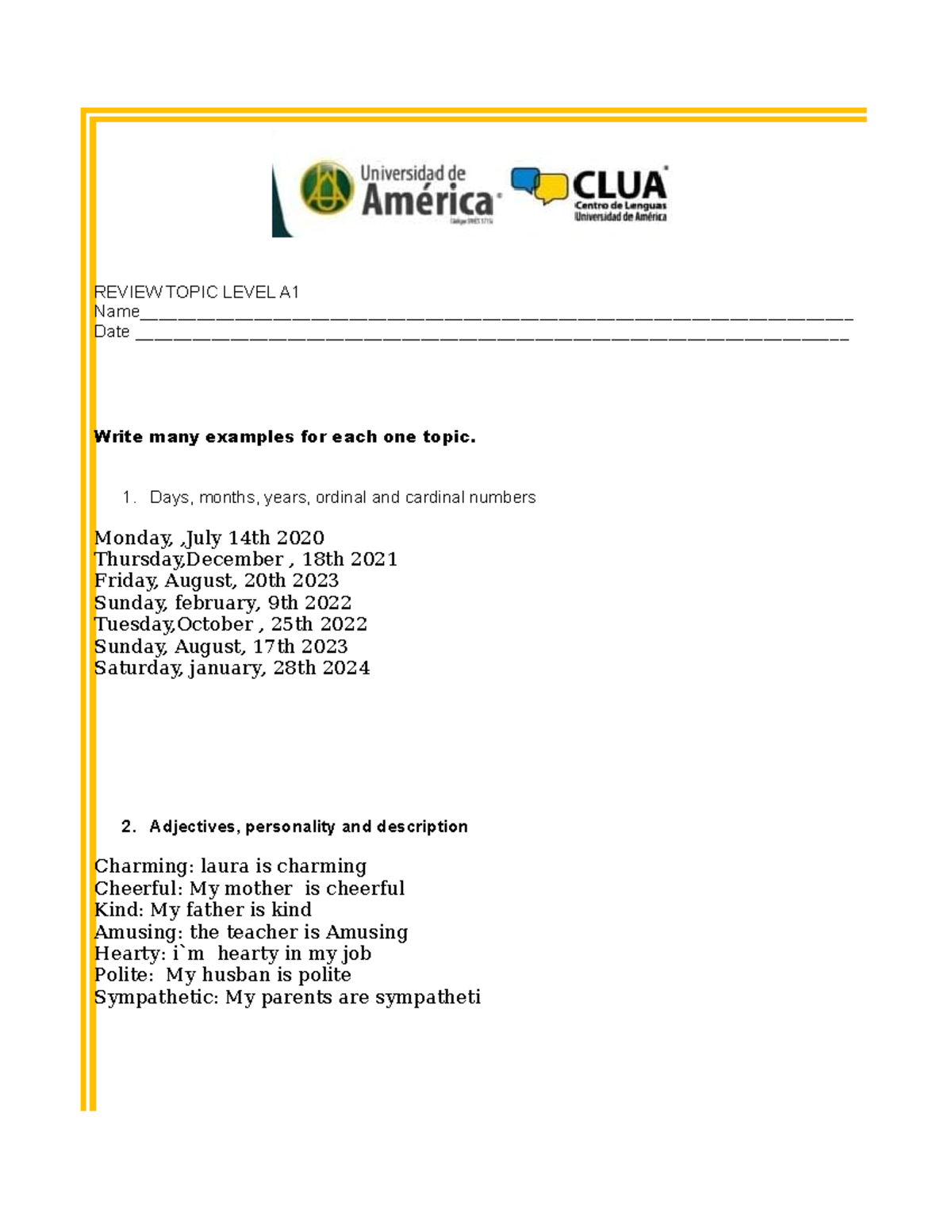 Review Topic Level A1 (laura pavon) - REVIEW TOPIC LEVEL A - Studocu