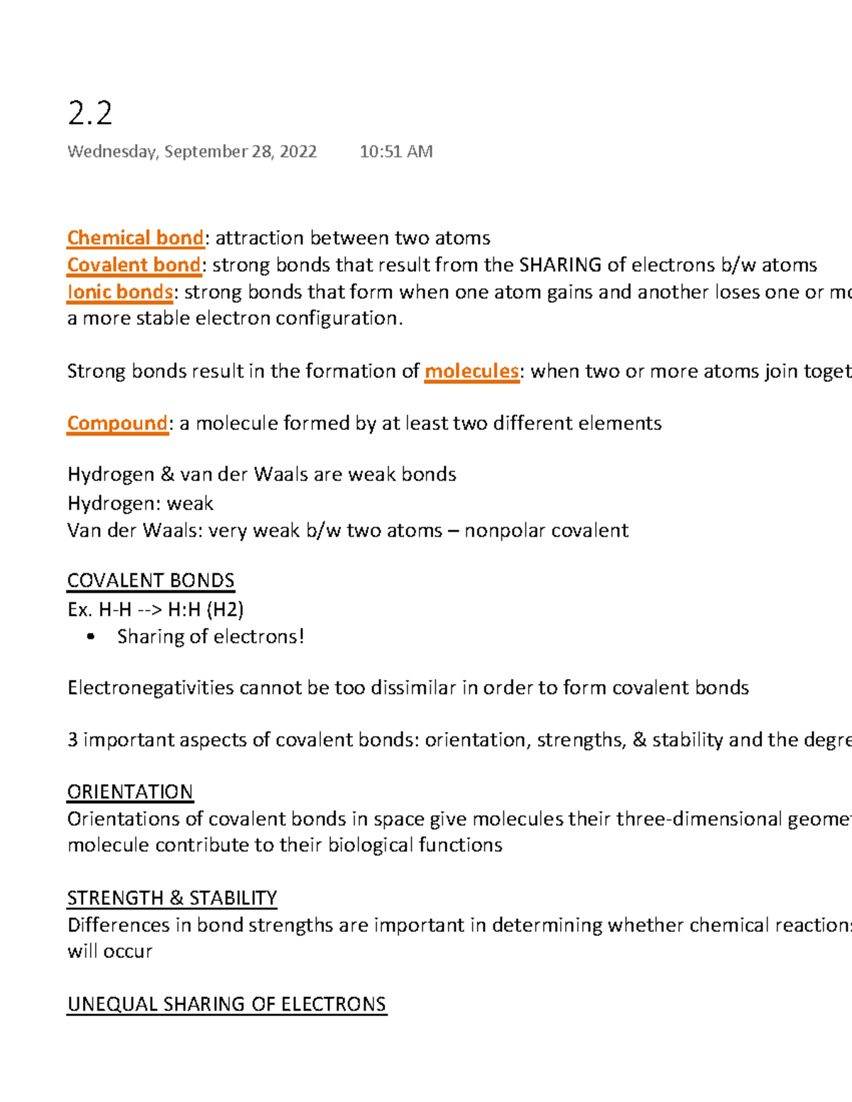 2 - Chapter 2.2 Reading notes - Chemical bond: attraction between two ...