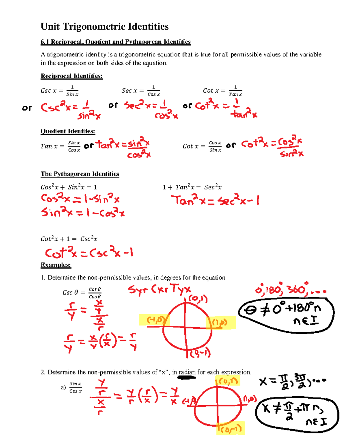 6.1 Reciprocal Quotient and Pythagorean Identites notes filled in ...
