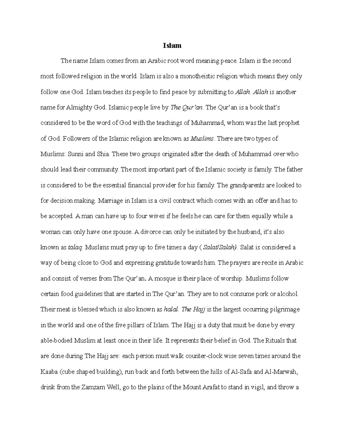 About Islam Paper - Islam The name Islam comes from an Arabic root word ...