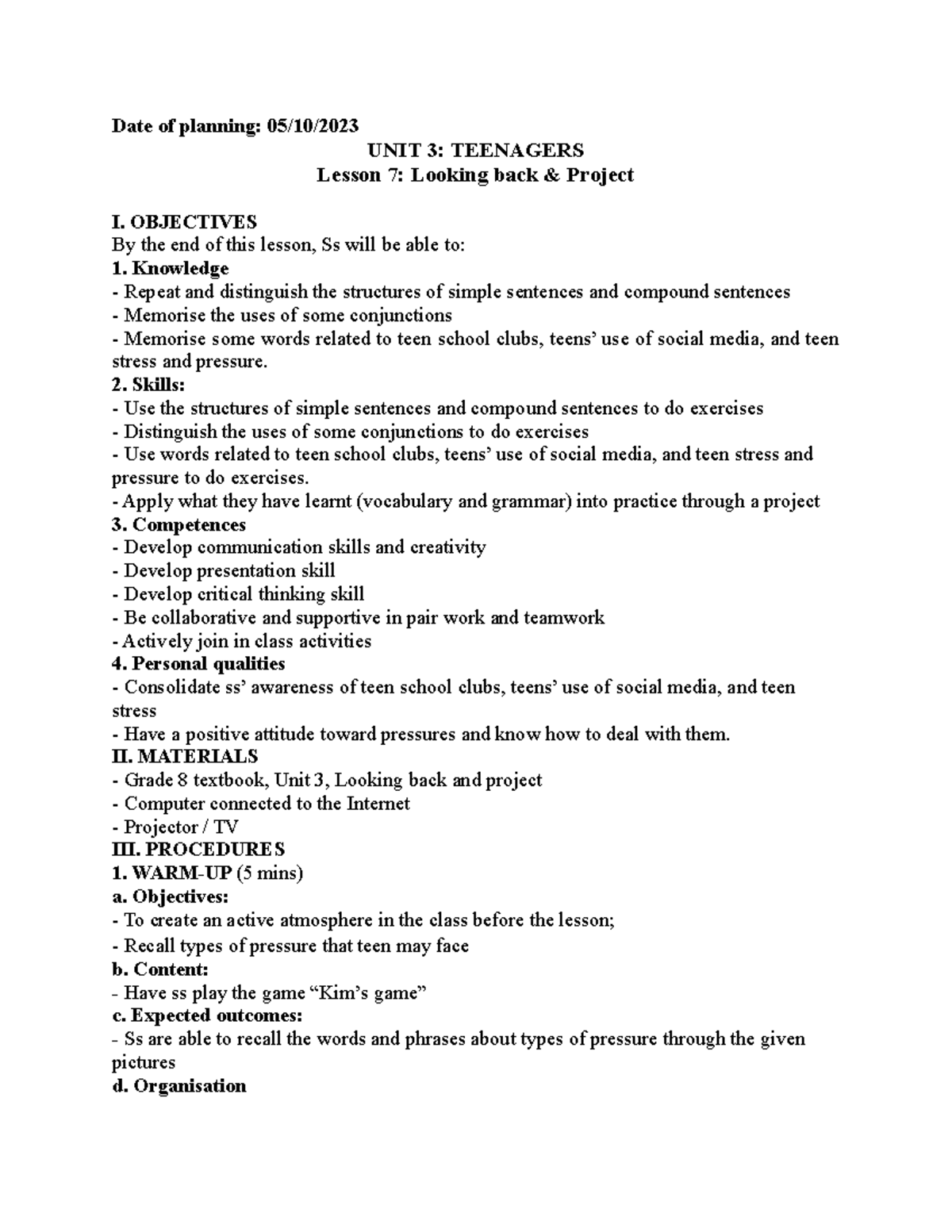 UNIT 3 L7 Teenagers ( Looking BACK AND Project) - Date of planning: 05 ...
