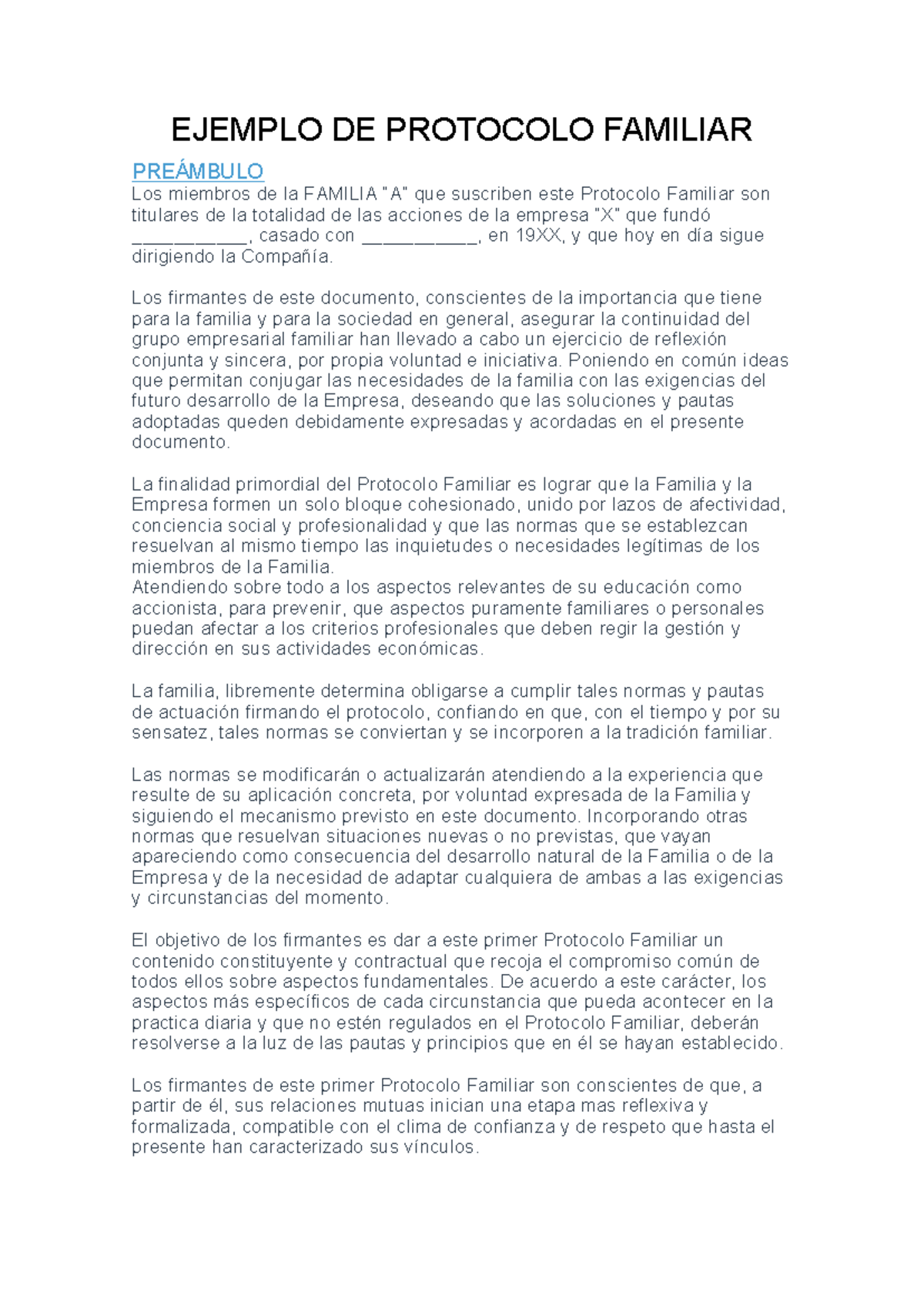 Ejemplo DE Protocolo Familiar - EJEMPLO DE PROTOCOLO FAMILIAR PREÁMBULO ...