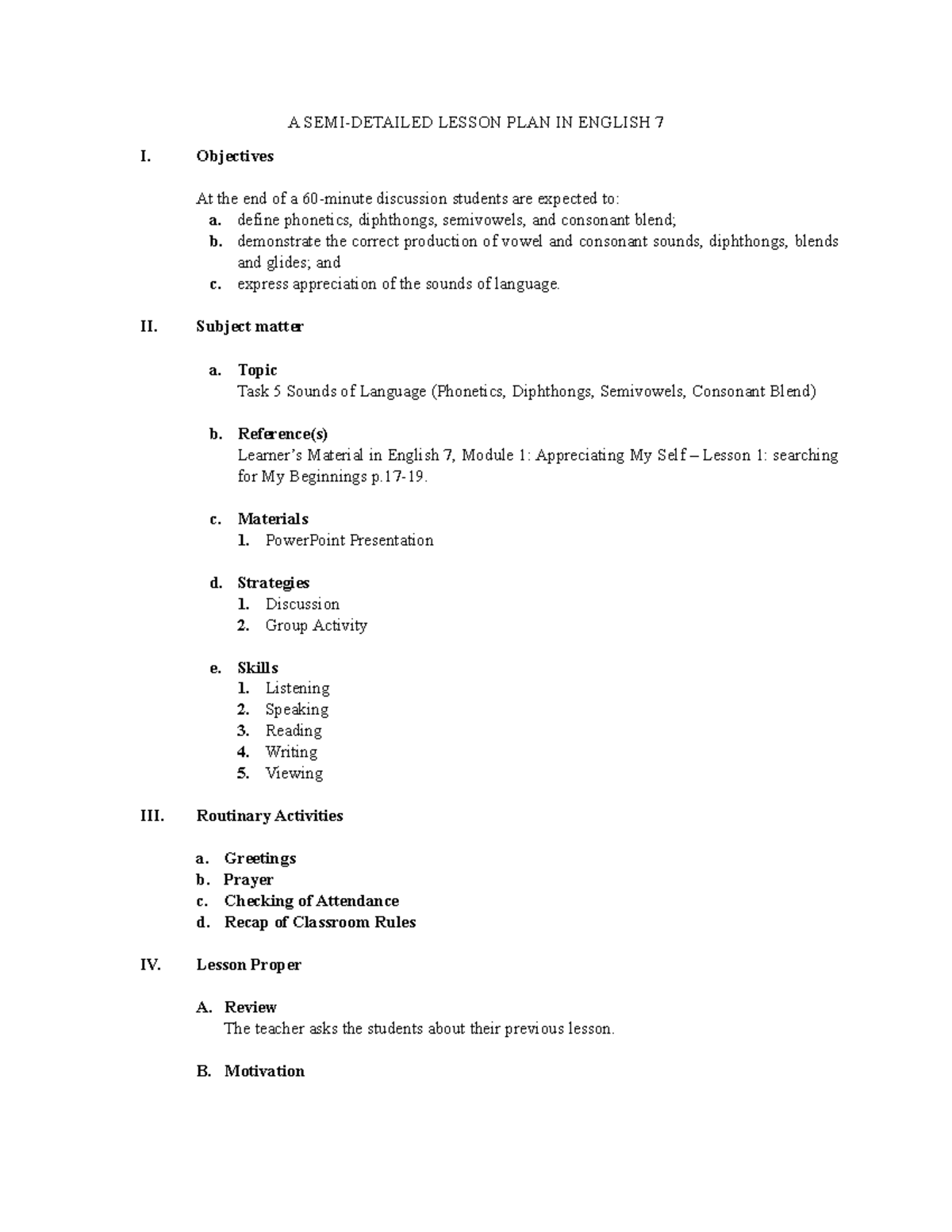 Semi-dlp - semi-detailed lesson plan - A SEMI-DETAILED LESSON PLAN IN ...