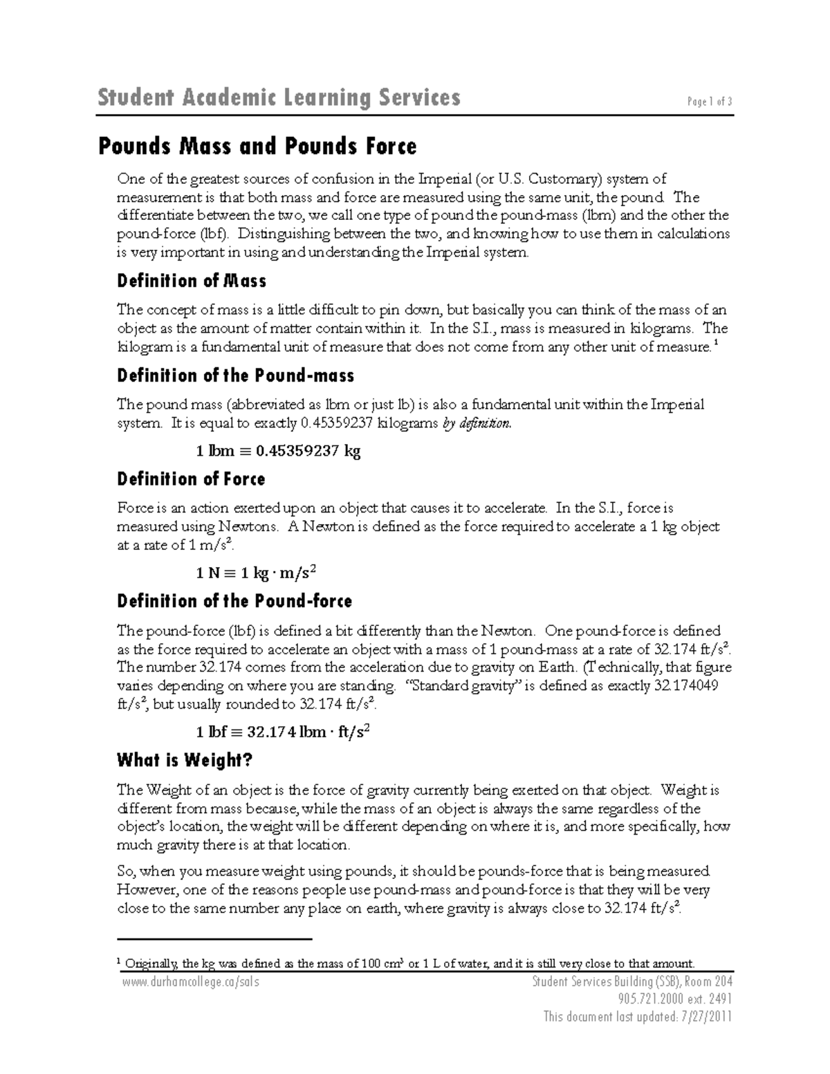 Pounds Mass And Pounds Force Student Academic Learning Services Page