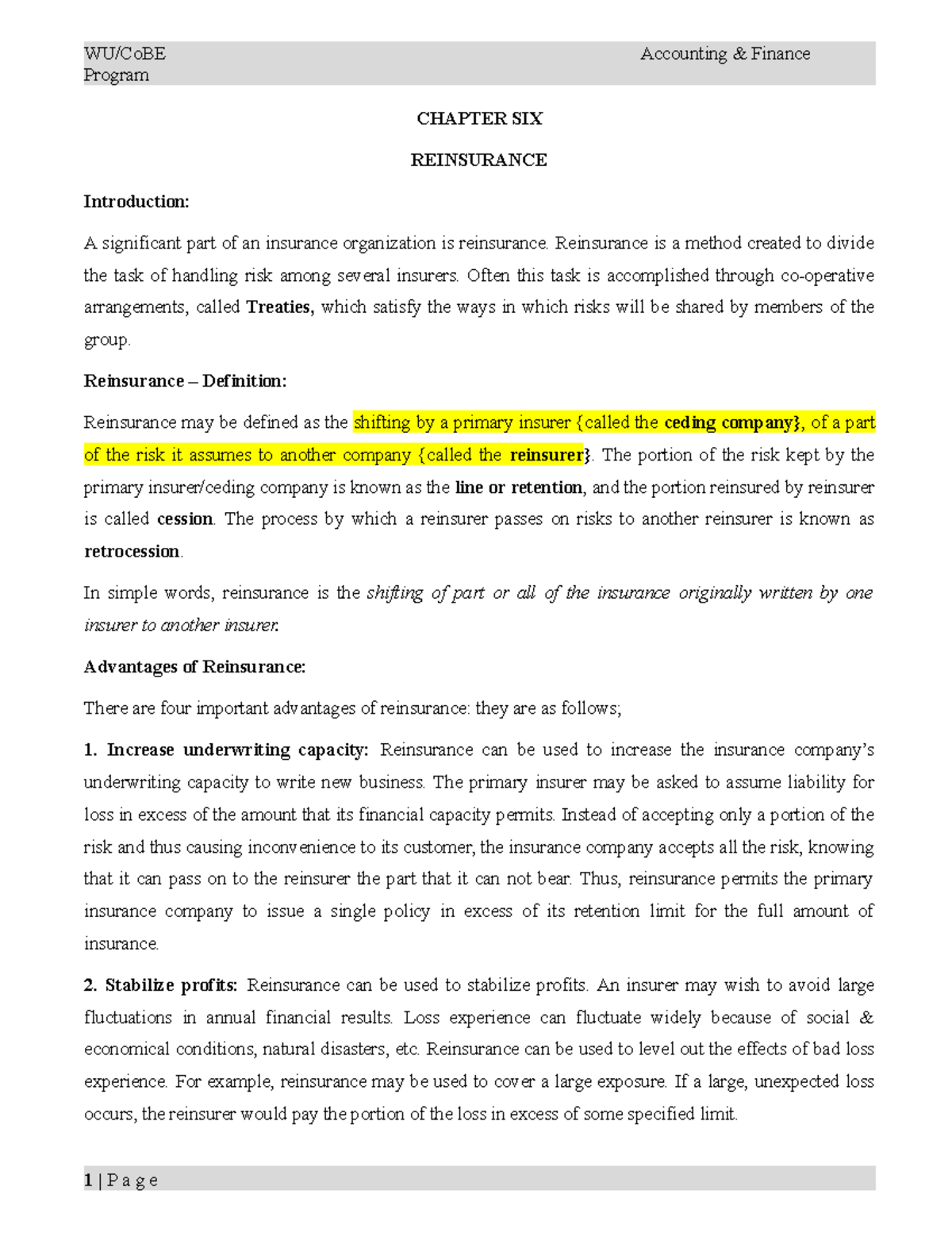 Risk Mgt CH-6 &7 - Yes - Program CHAPTER SIX REINSURANCE Introduction ...