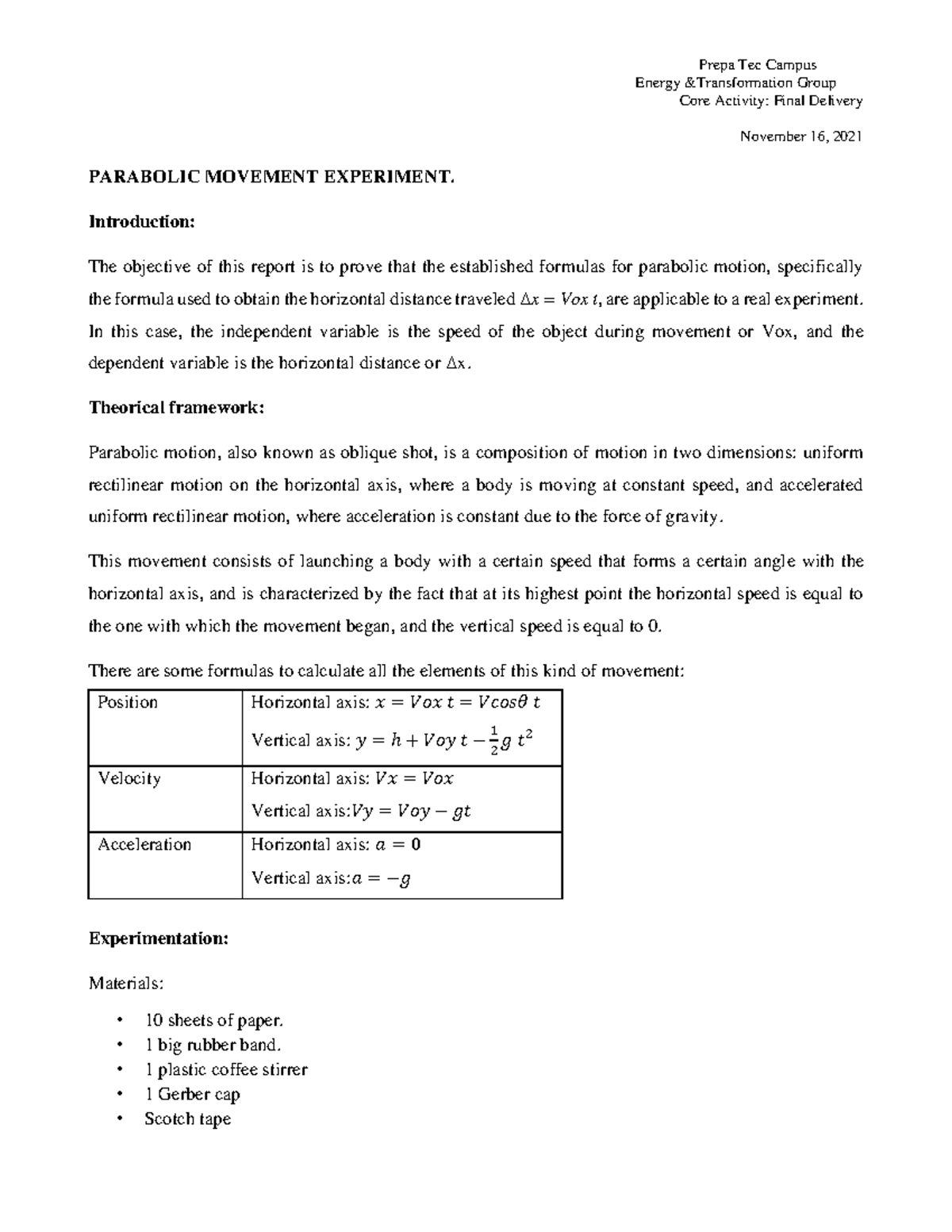PARABOLIC MOVEMENT EXPERIMENT - Introduction: The objective of this ...