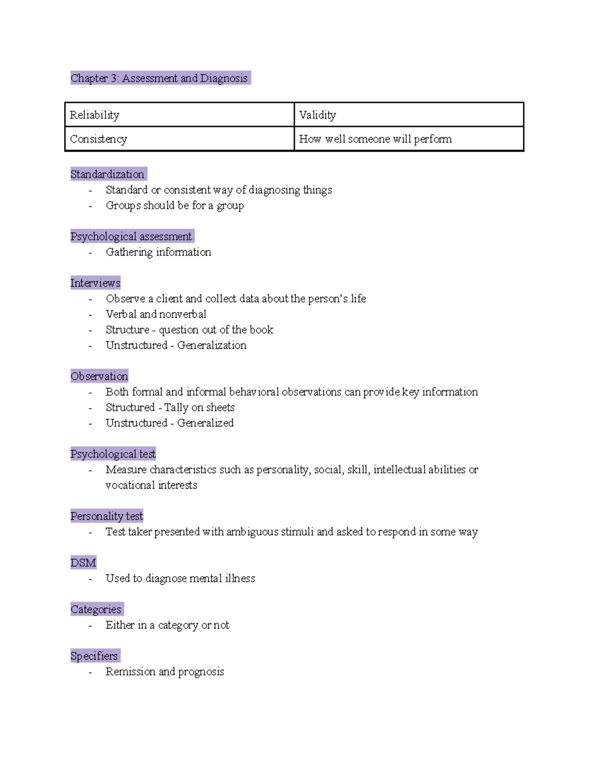 Chapter 3 - Abnormal psychology - Chapter 3: Assessment and Diagnosis Reliability Validity - Studocu