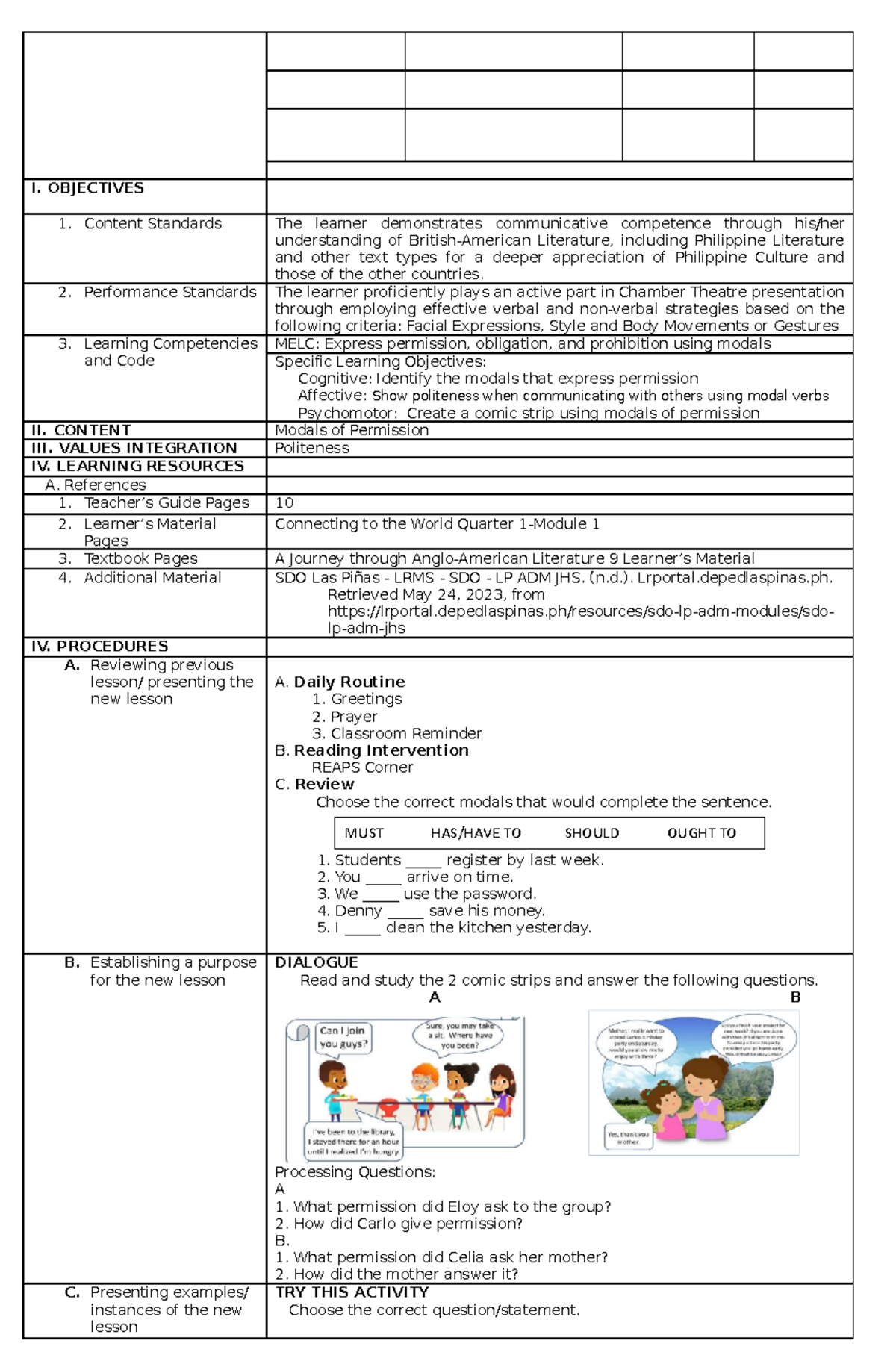 DLP-SEPT-14 - lesson plan - I. OBJECTIVES Content Standards The learner ...