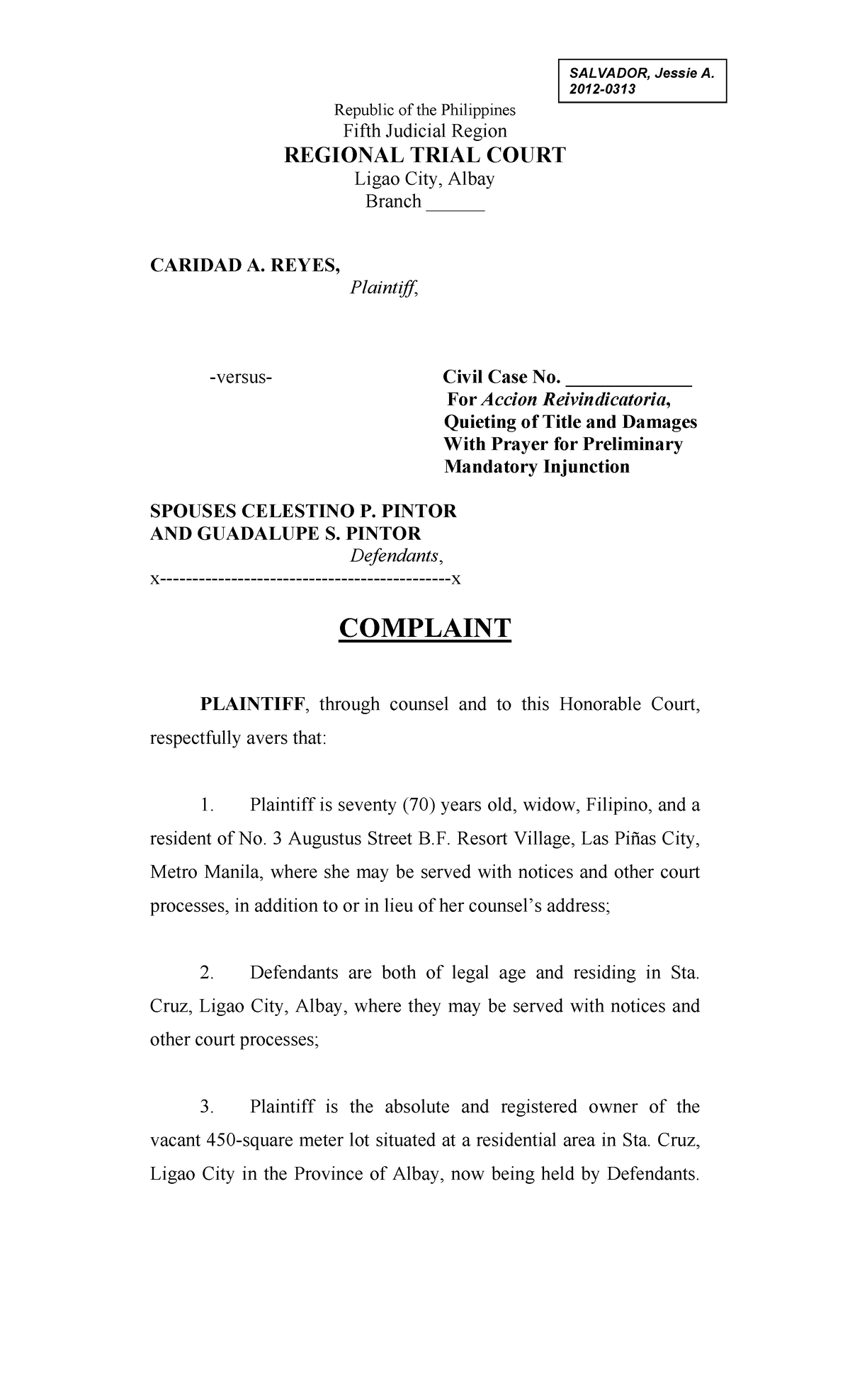 Complaint reyes v pintor midterm exams legal forms - - Studocu