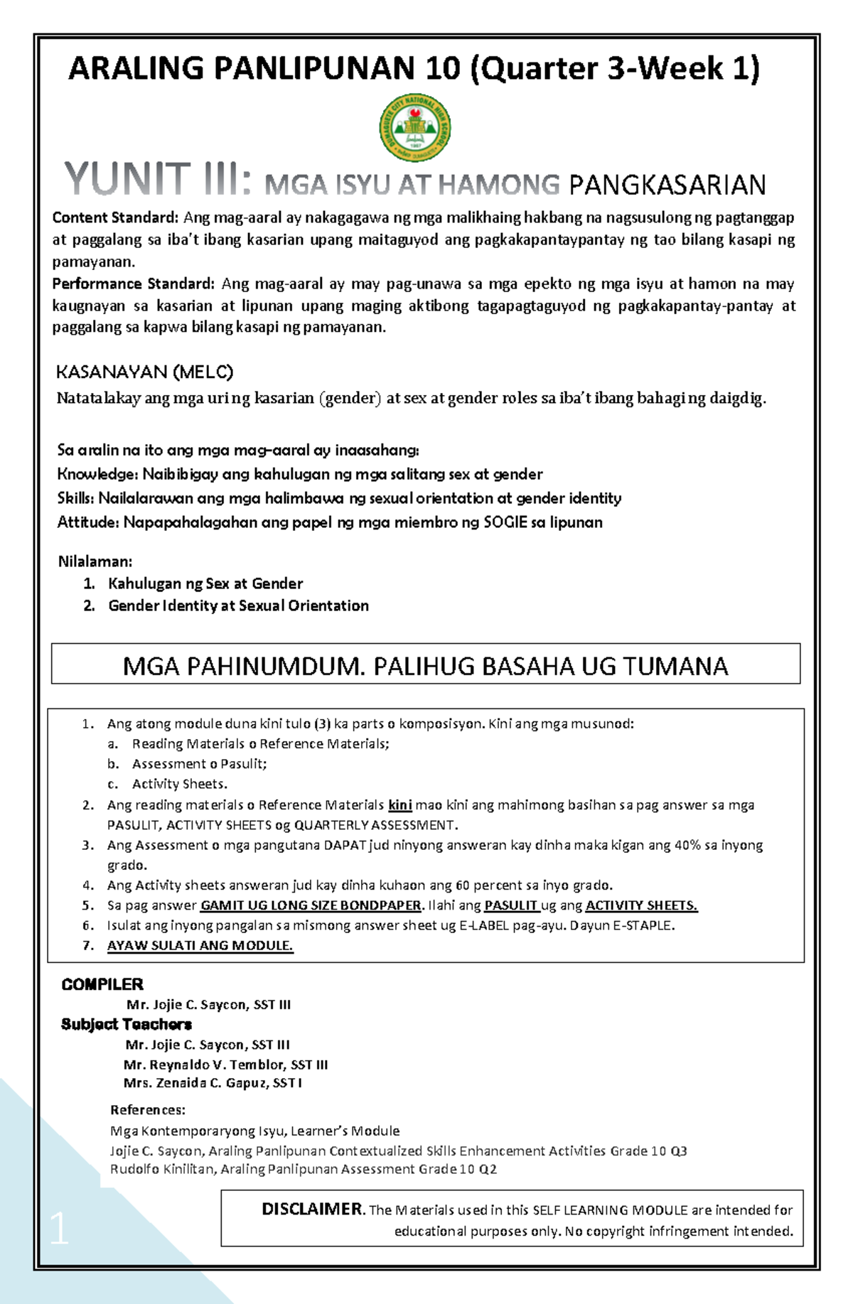 LM-Q-3 - Grade 10 - PANGKASARIAN ARALING PANLIPUNAN 10 (Quarter 3-Week ...