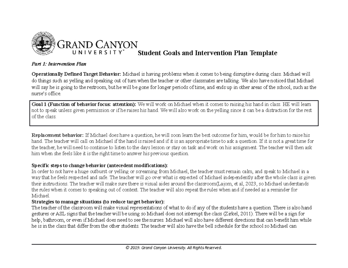 Spd 400 WEEK 6 - Assignemnt - Student Goals and Intervention Plan ...
