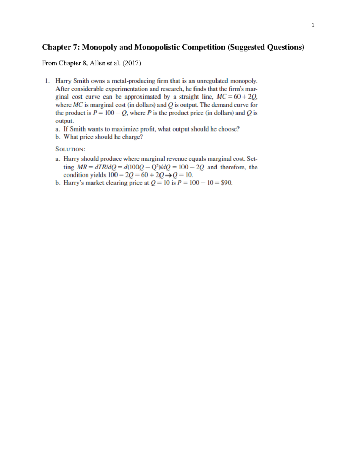 Ch8-Q&A - chapter 8 questions and answers - Chapter 7: Monopoly and ...