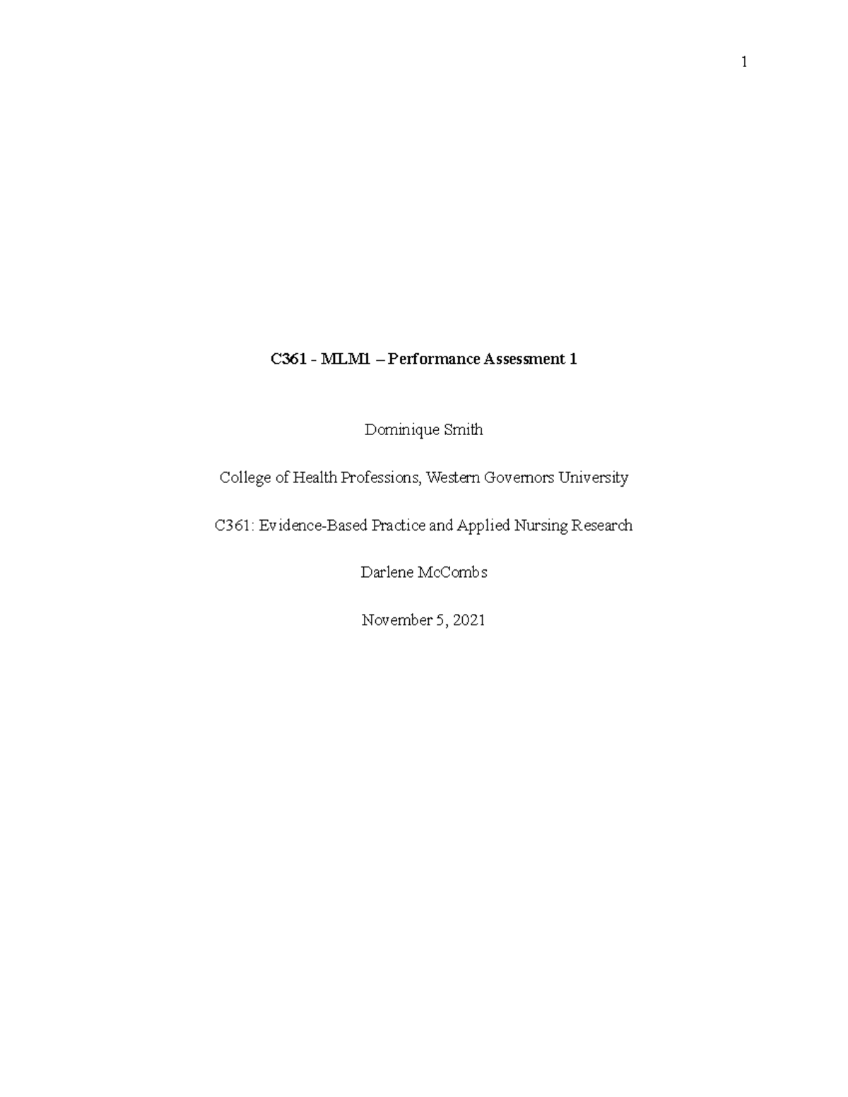 C361 MLM1 Task 2 Assignment - 1 C361 MLM1 Performance Assessment 1 ...