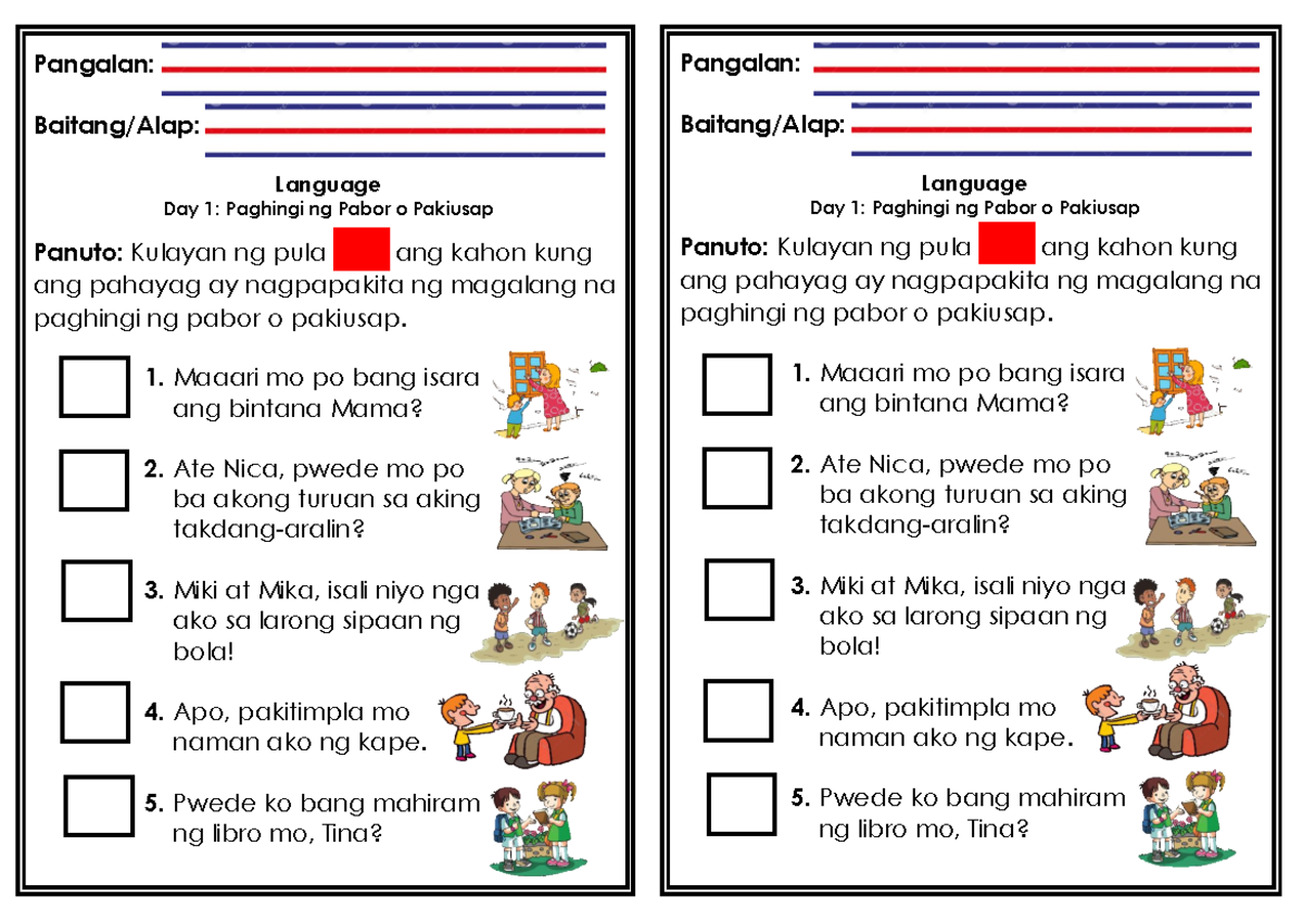 G1 Q1 W2 Language WS - NONE - Pangalan: Baitang/Alap: Language Day 1 ...