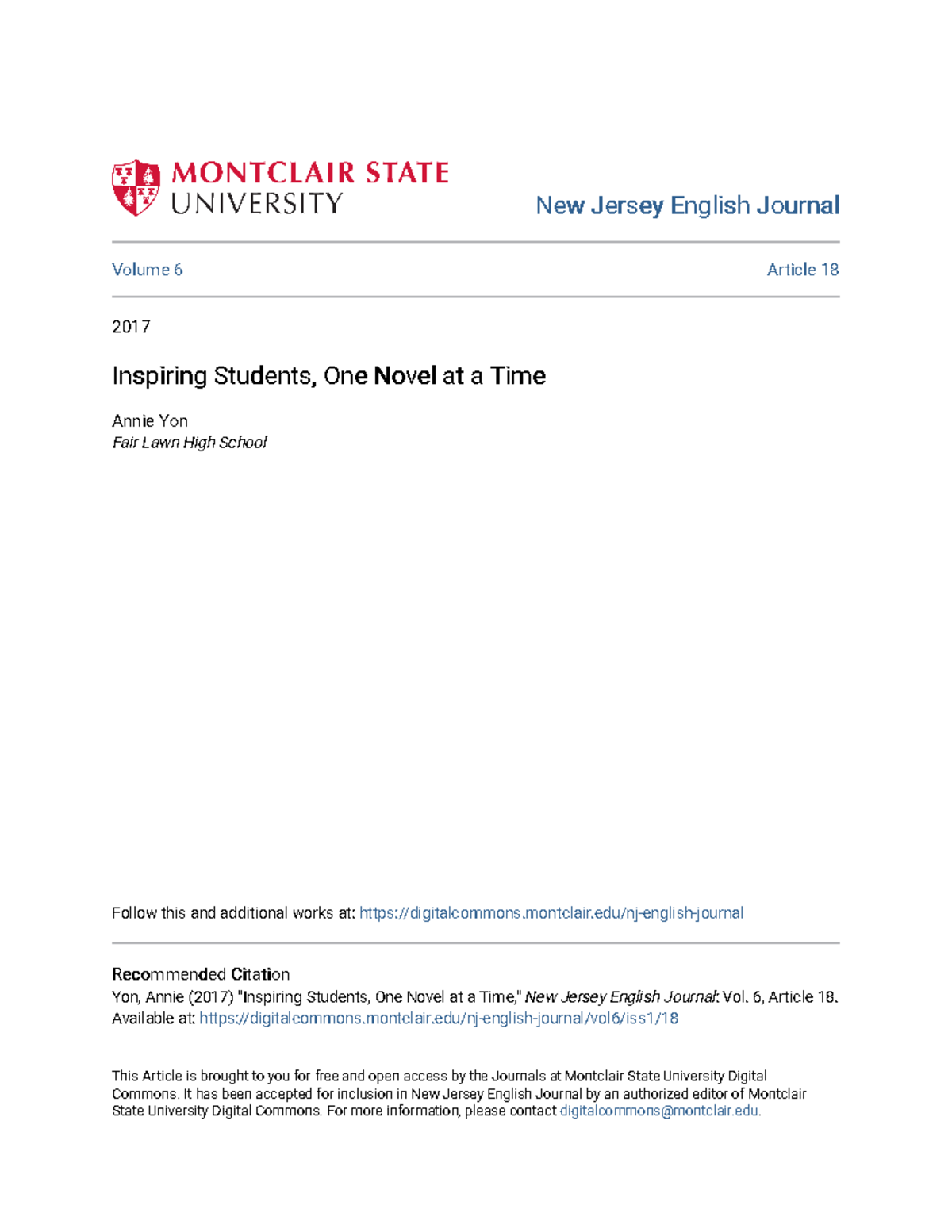 Inspiring Students One Novel at a Time - New Jersey English JournalNew ...