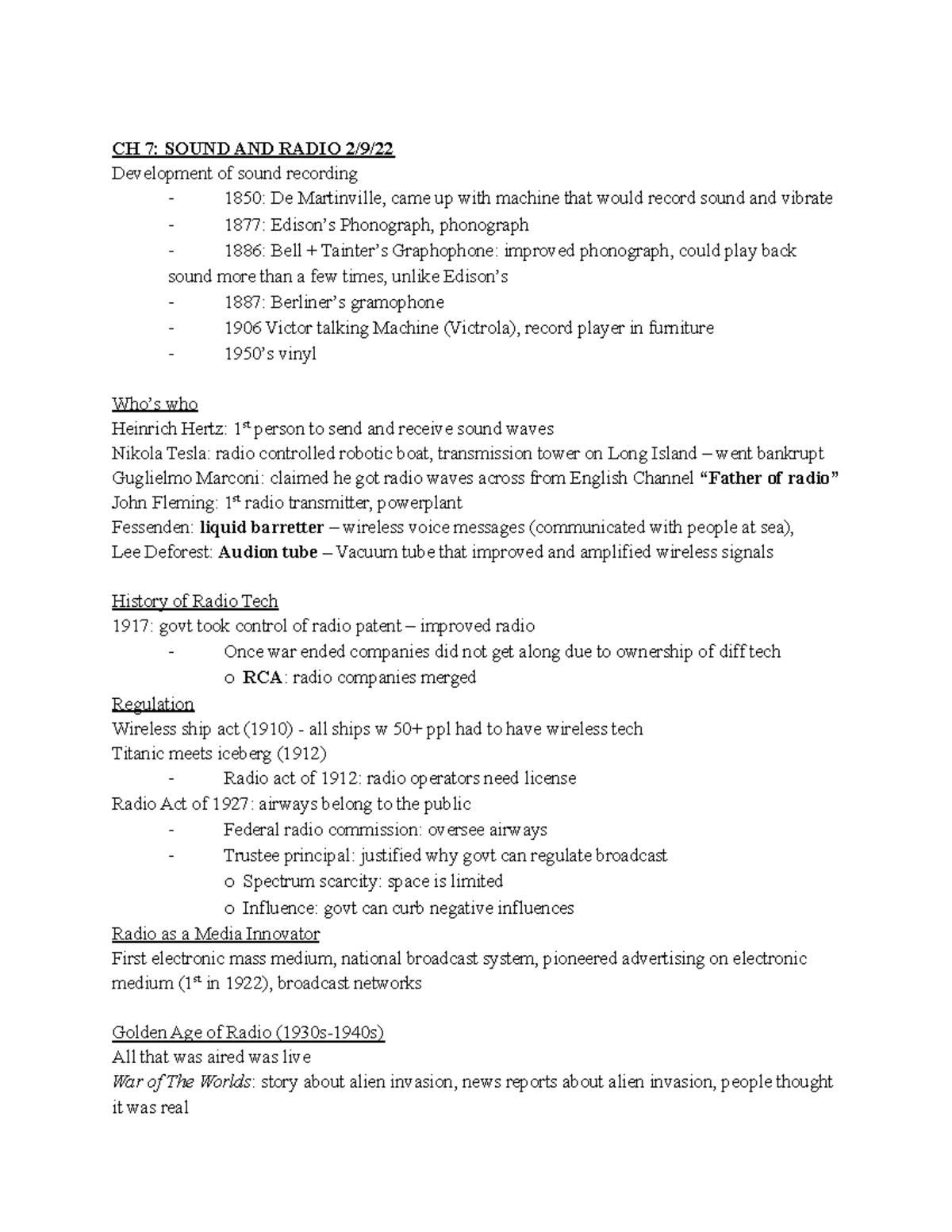 CH 7 Sound AND Radio - CH 7: SOUND AND RADIO 2/9/ Development of sound ...